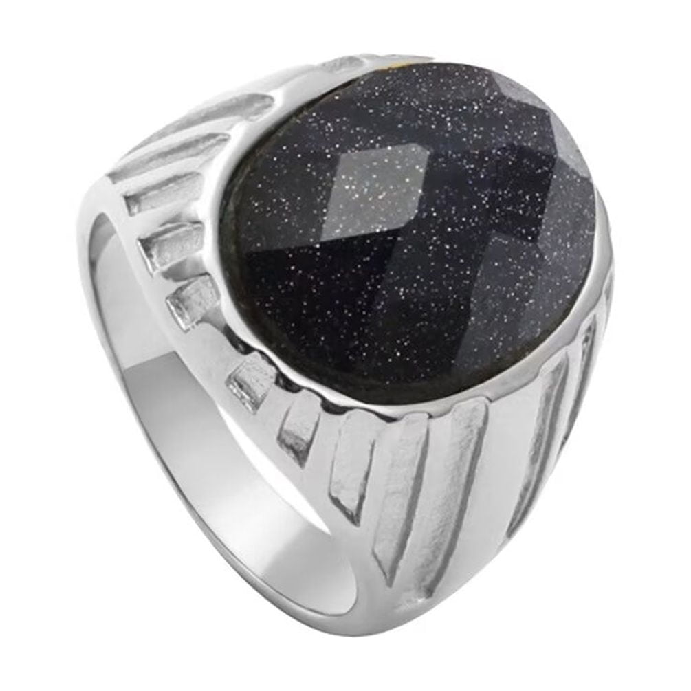 PAMTIER Men's Stainless Steel Vintage Simple Classic Oval Blue Gemstone ...