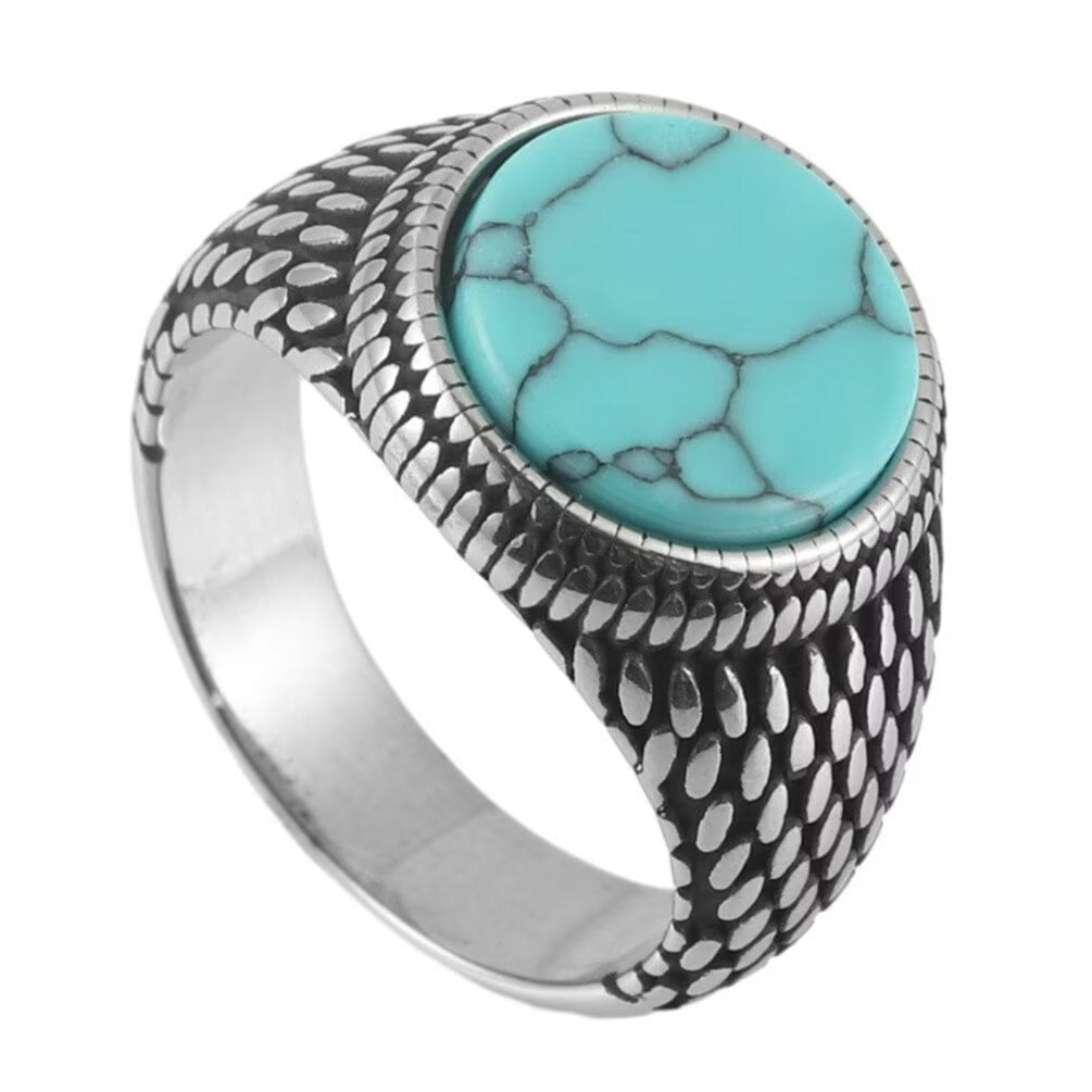 PAMTIER Men's Stainless Steel Vintage Simple Round Synthetic Turquoise ...