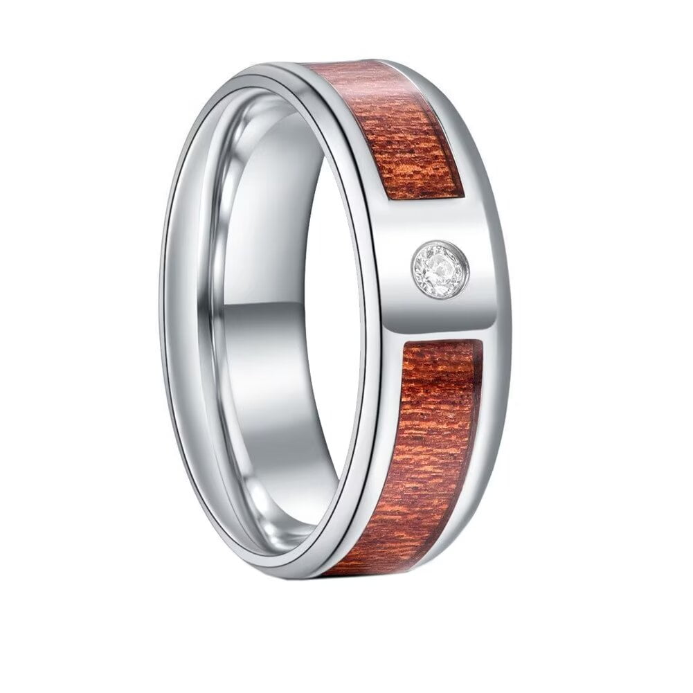 PAMTIER Men's Women's Stainless Steel Cubic Zirconia Simple Center Wood ...