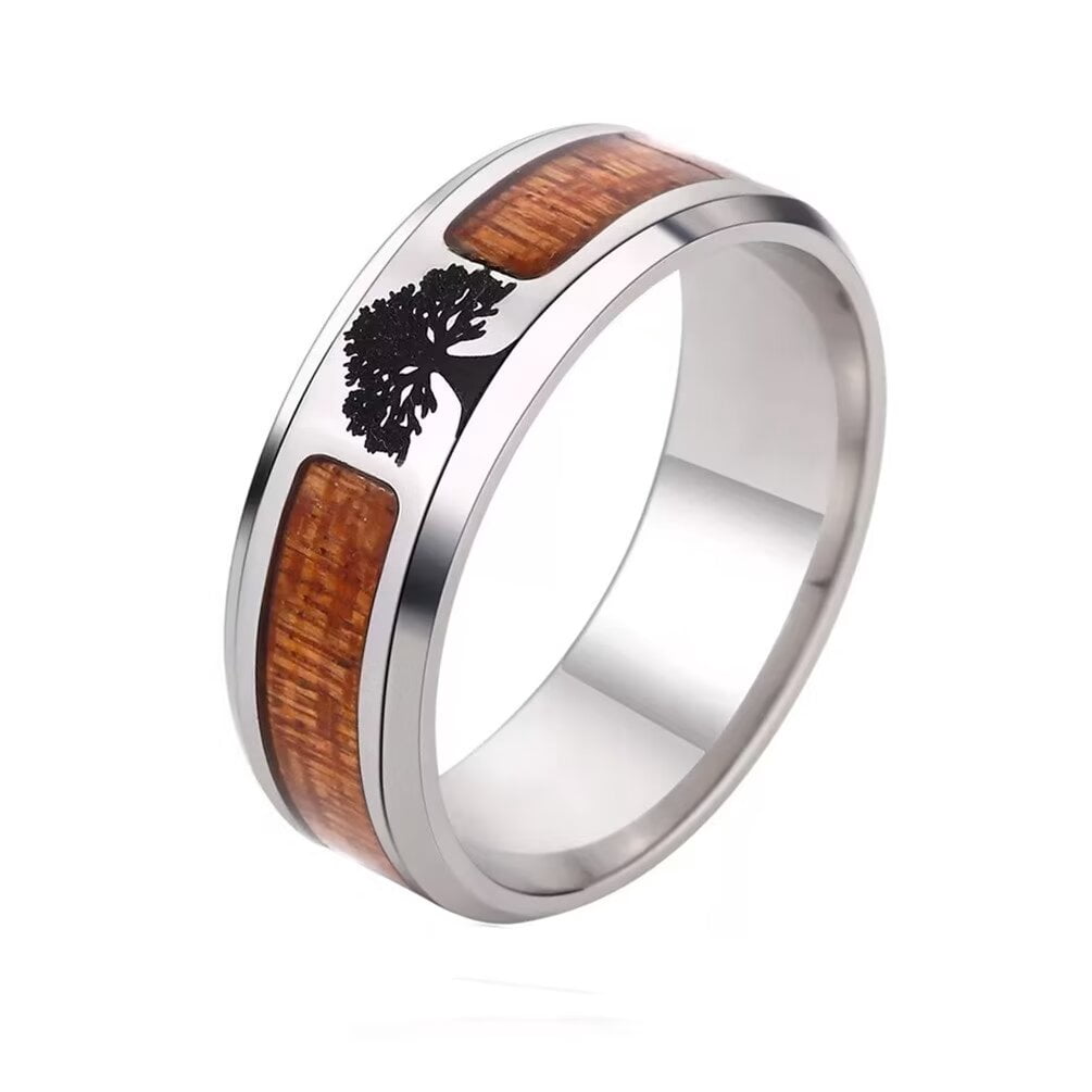 PAMTIER Men's Women's Stainless Steel Simple Center Wood Inlay Tree of ...