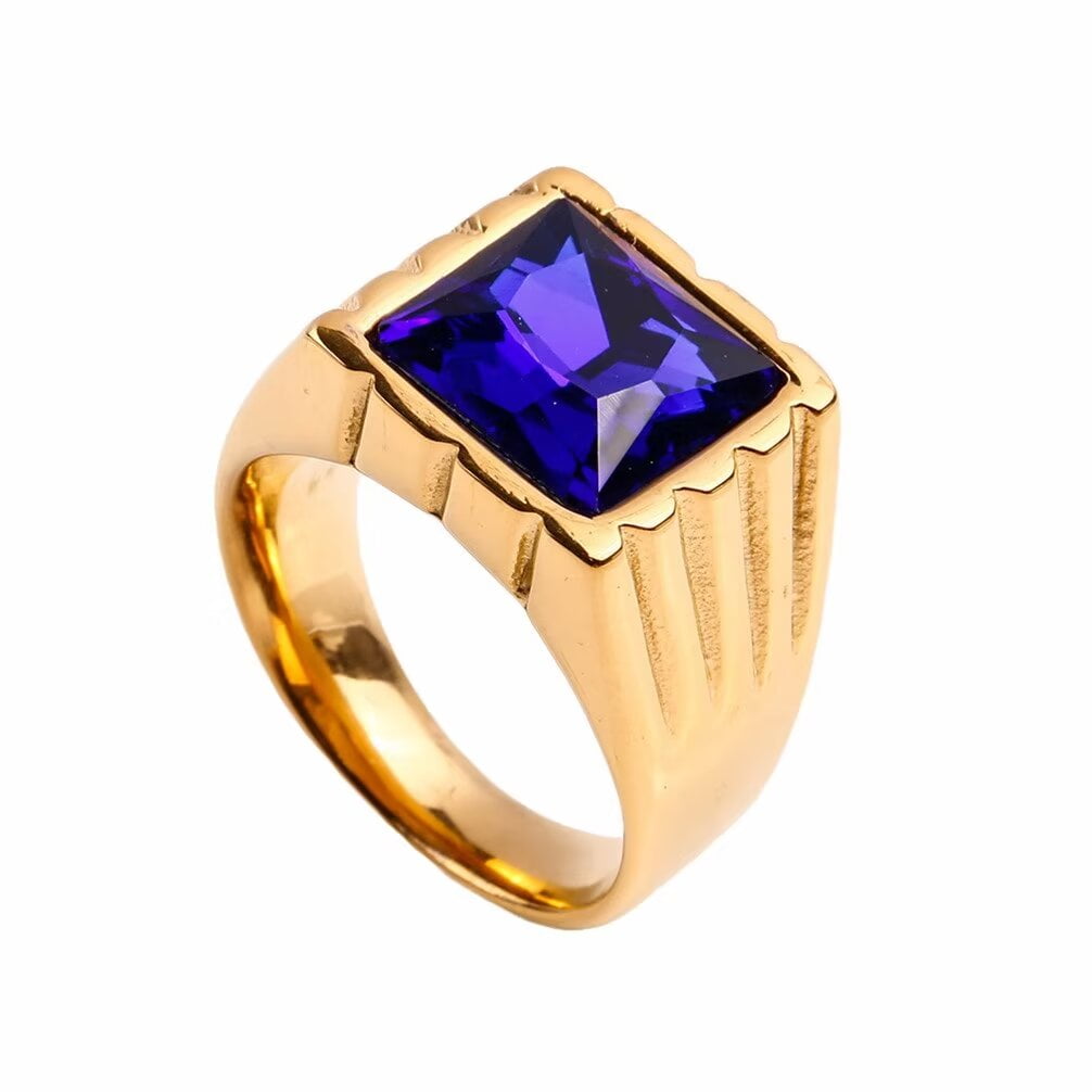 PAMTIER Unisex Stainless Steel Vintage Classic Square Cut Blue Gemstone ...
