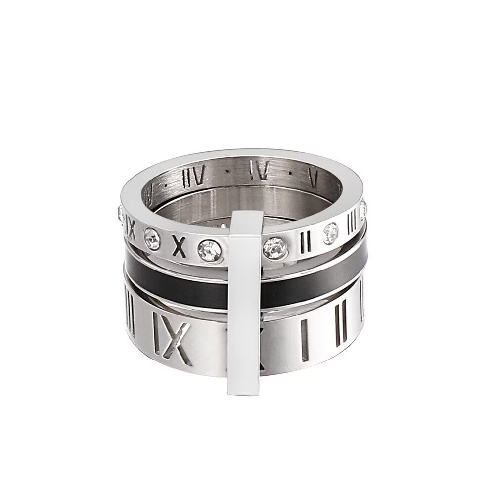 PAMTIER Women's Stainless Steel Roman Numerals 3 in 1 Ring Black Shell ...