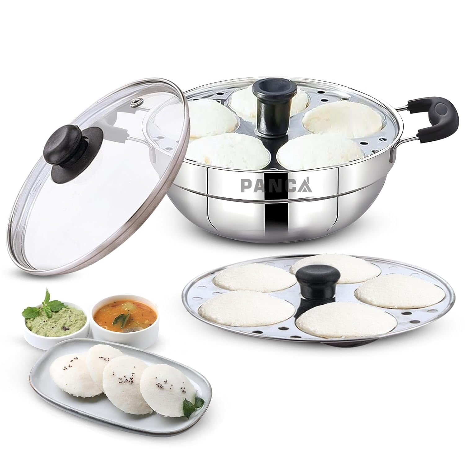 PANCA Stainless Steel Idli Maker 2 Plates With Glass Lid Makes 10 Idli ...