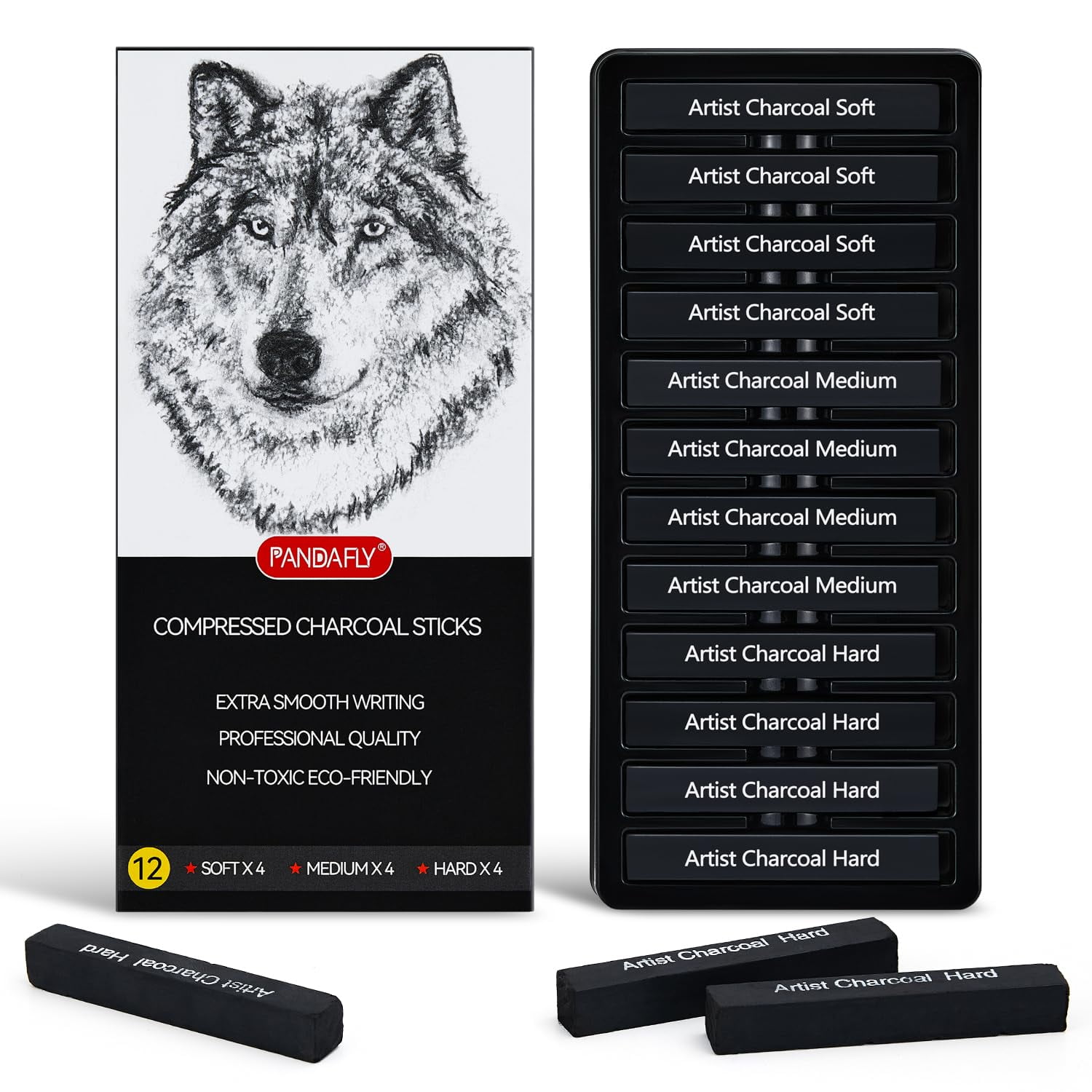 PANDAFLY Compressed Charcoal Sticks, 12 Pieces AIS1 (Soft, Medium, Hard ...