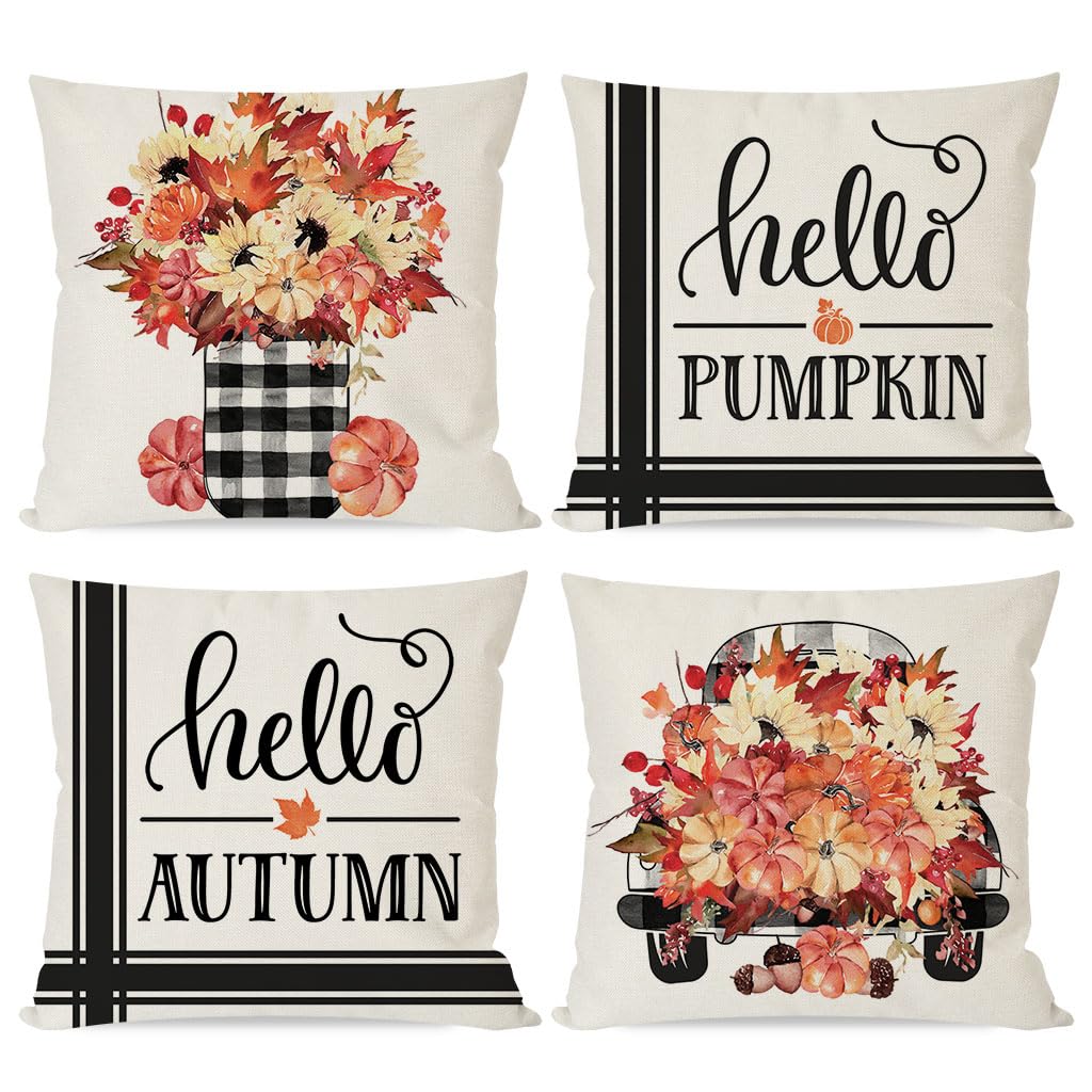 PANDICORN Fall Plaid Pillow Covers 20x20 Set of Hello Autumn Pumpkin ...