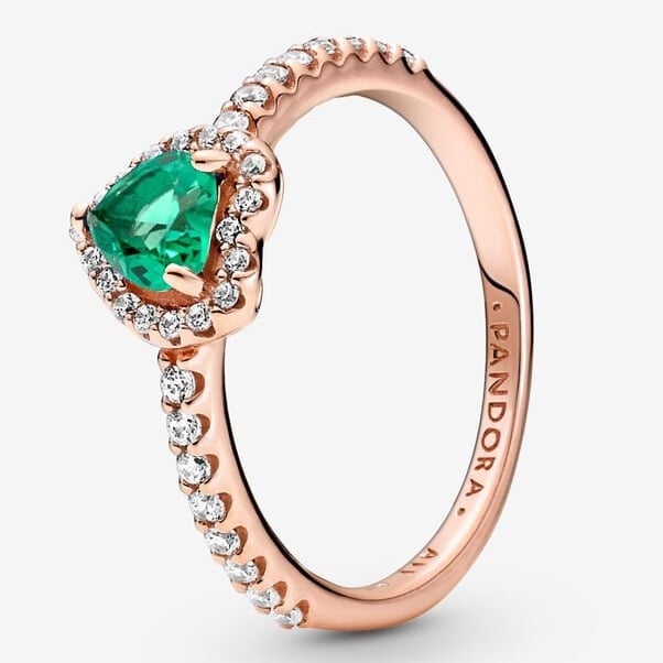 PANDORA Sparkling Elevated Heart Green Ring Size 5, 14k Rose Gold ...
