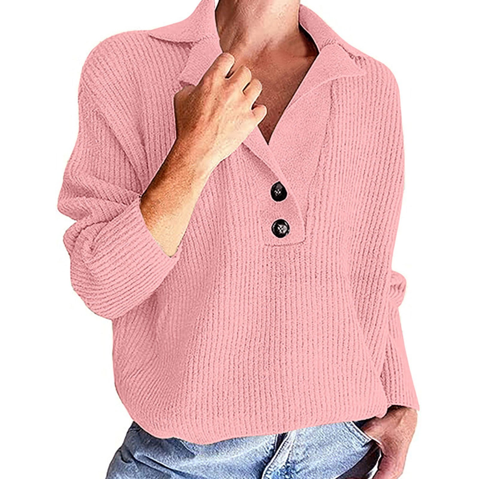 PANGF Comfy Oversized Sweaters For Women Snap Buttons Foldover Collar Henley Knitted Pullover ...