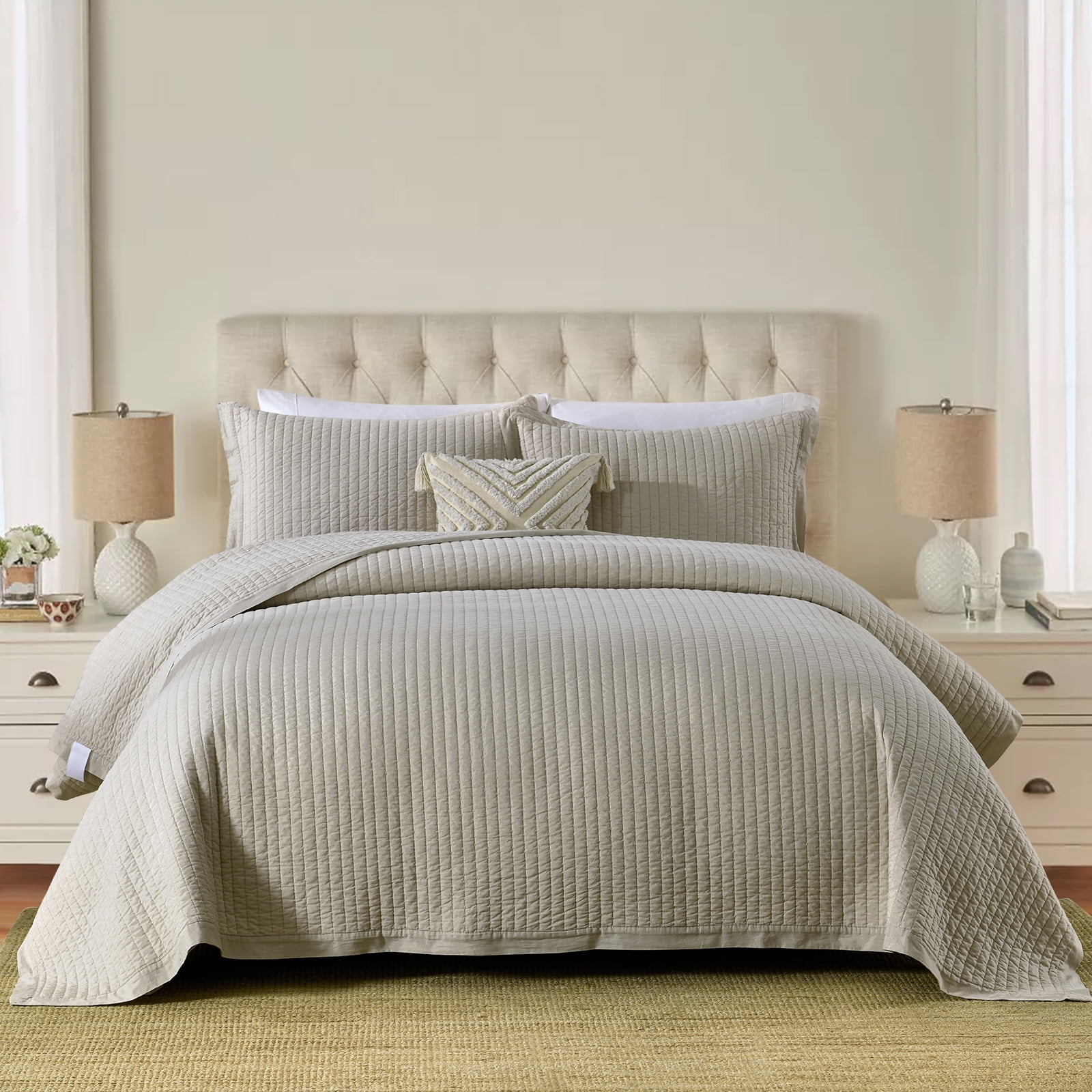 PANGUSHAN 100% Cotton King Quilt Set, Farmhouse Elegant Solid Color ...