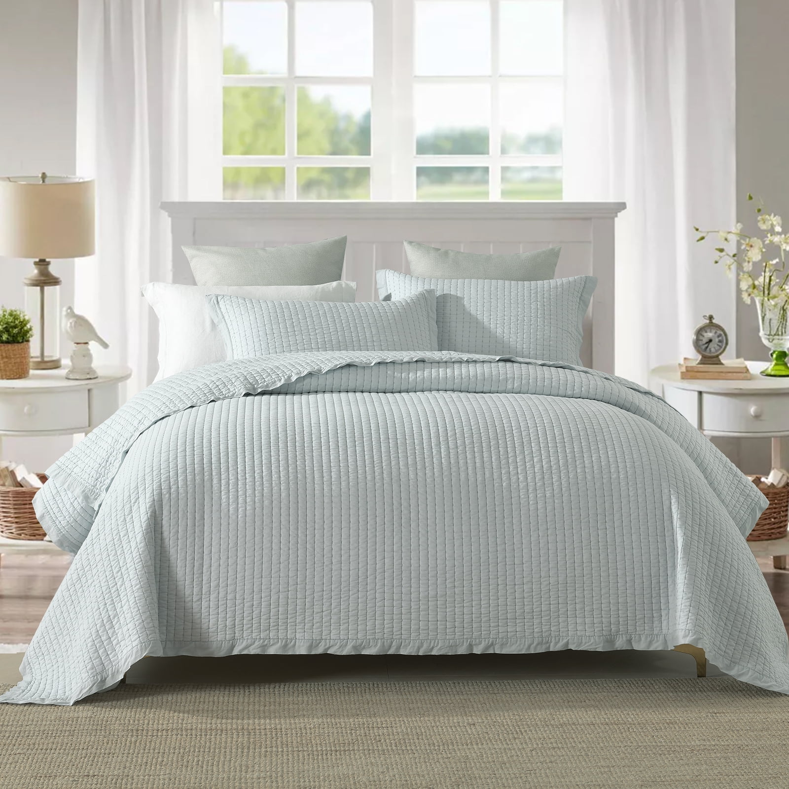 PANGUSHAN 100% Cotton King Quilt Set, Farmhouse Elegant Solid Color ...