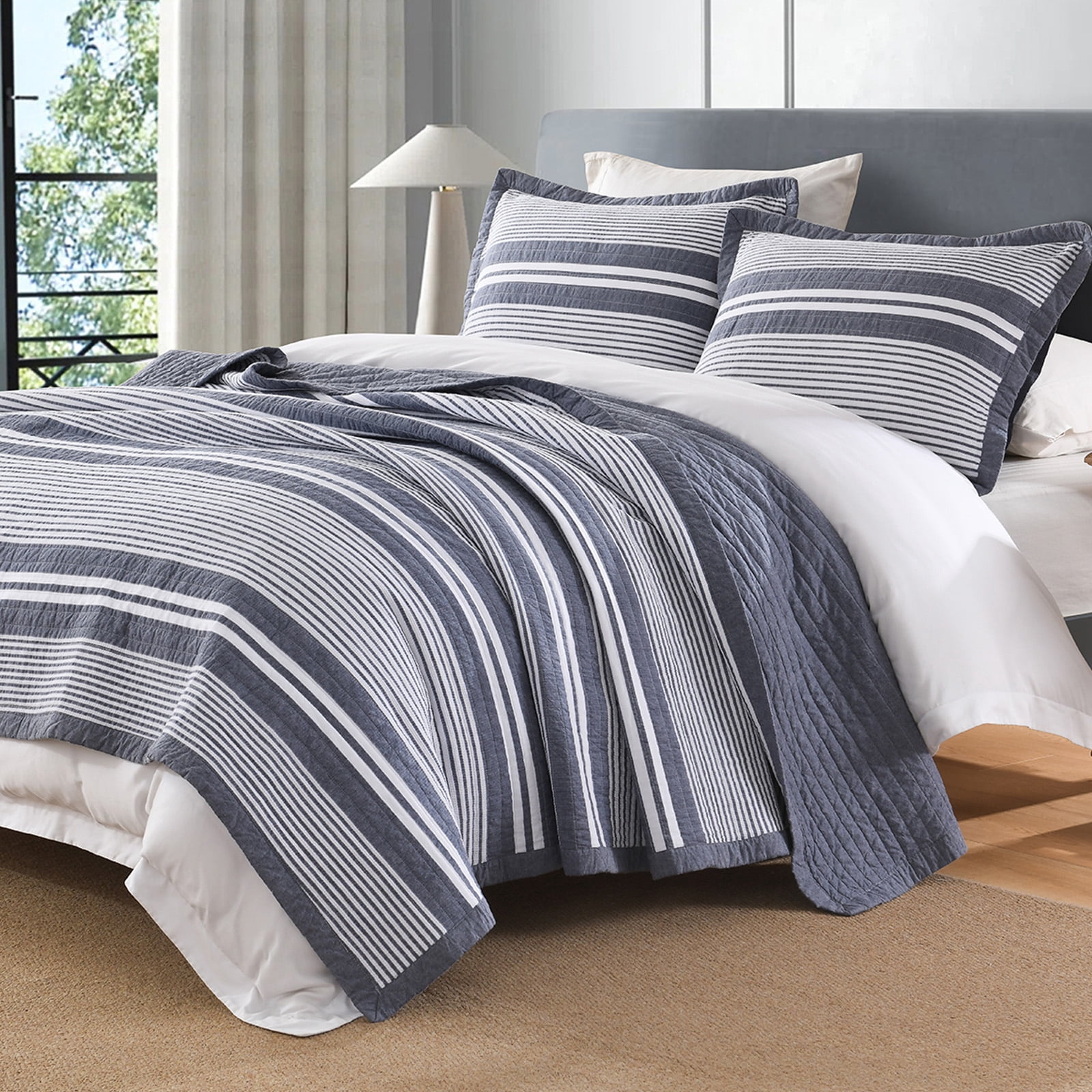 PANGUSHAN 100% Cotton King Quilt Set, Striped Pattern King Size Quilt ...