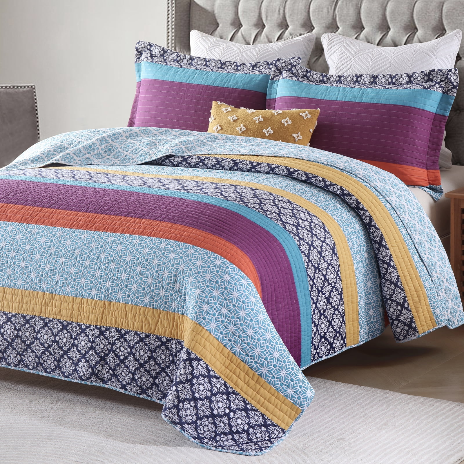 Pangushan 100 Cotton Quilt Set Queen Size 3pcs Boho Elegant Bedspread