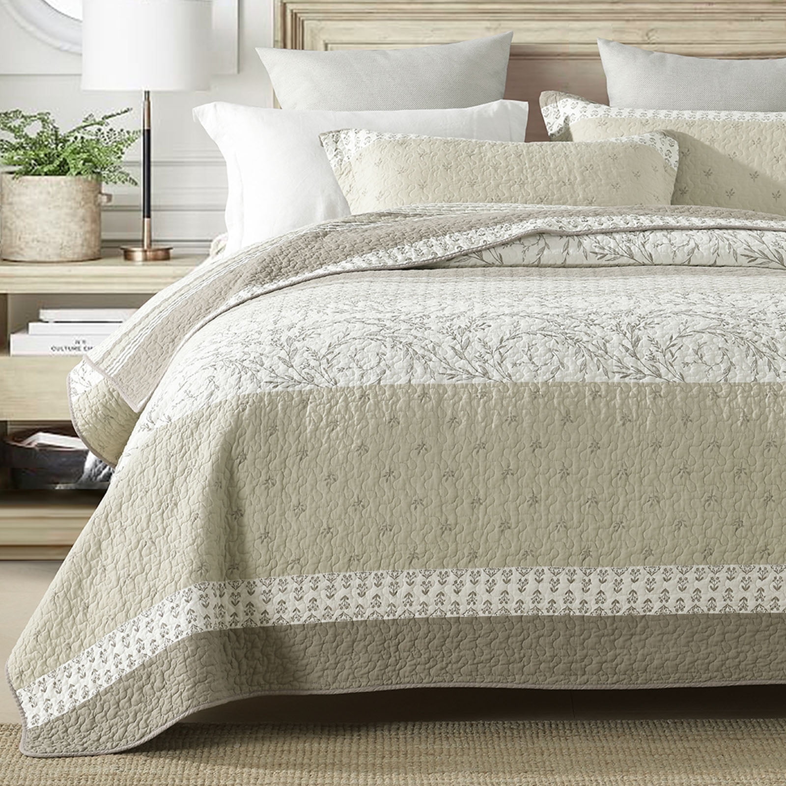 PANGUSHAN 100% Cotton Quilt Set Queen Size, 3pcs Botanical Elegant ...