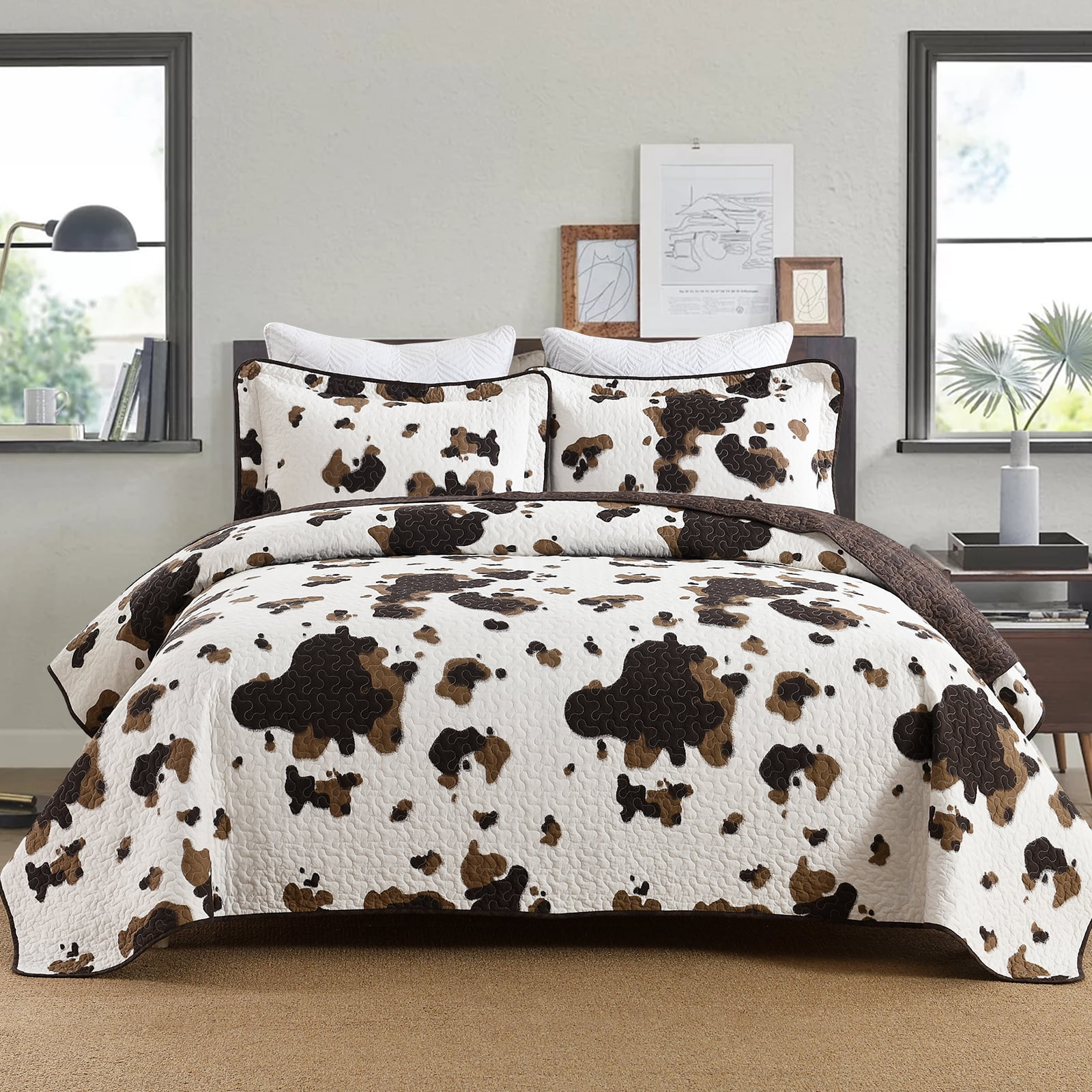 PANGUSHAN 100% Cotton Quilt Set Queen Size, 3pcs Farmhouse Cow Print ...