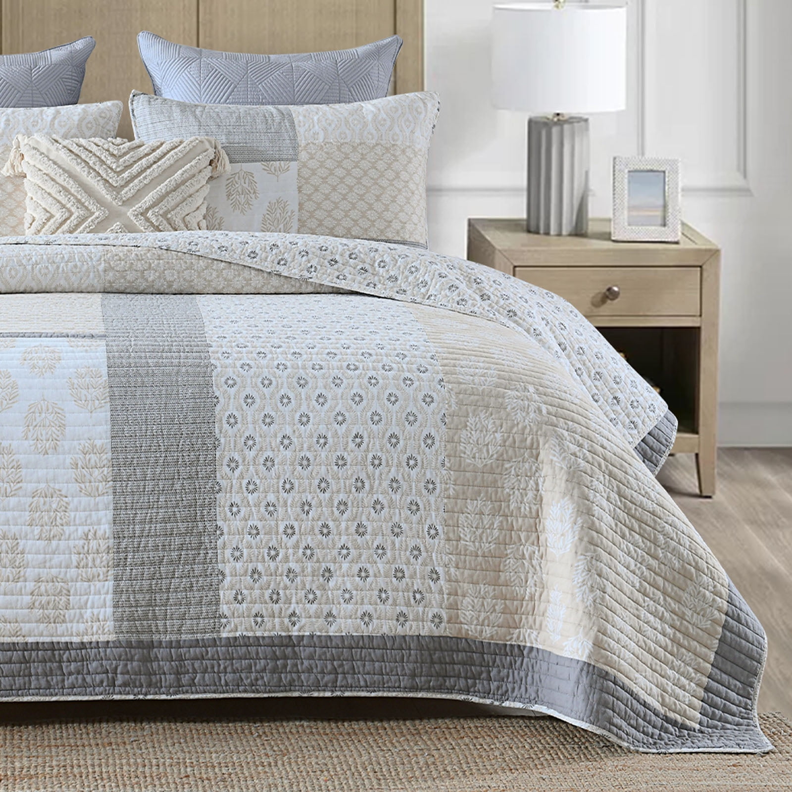 PANGUSHAN 100% Cotton Queen Quilt Set, 3pcs Floral Bedspread ...