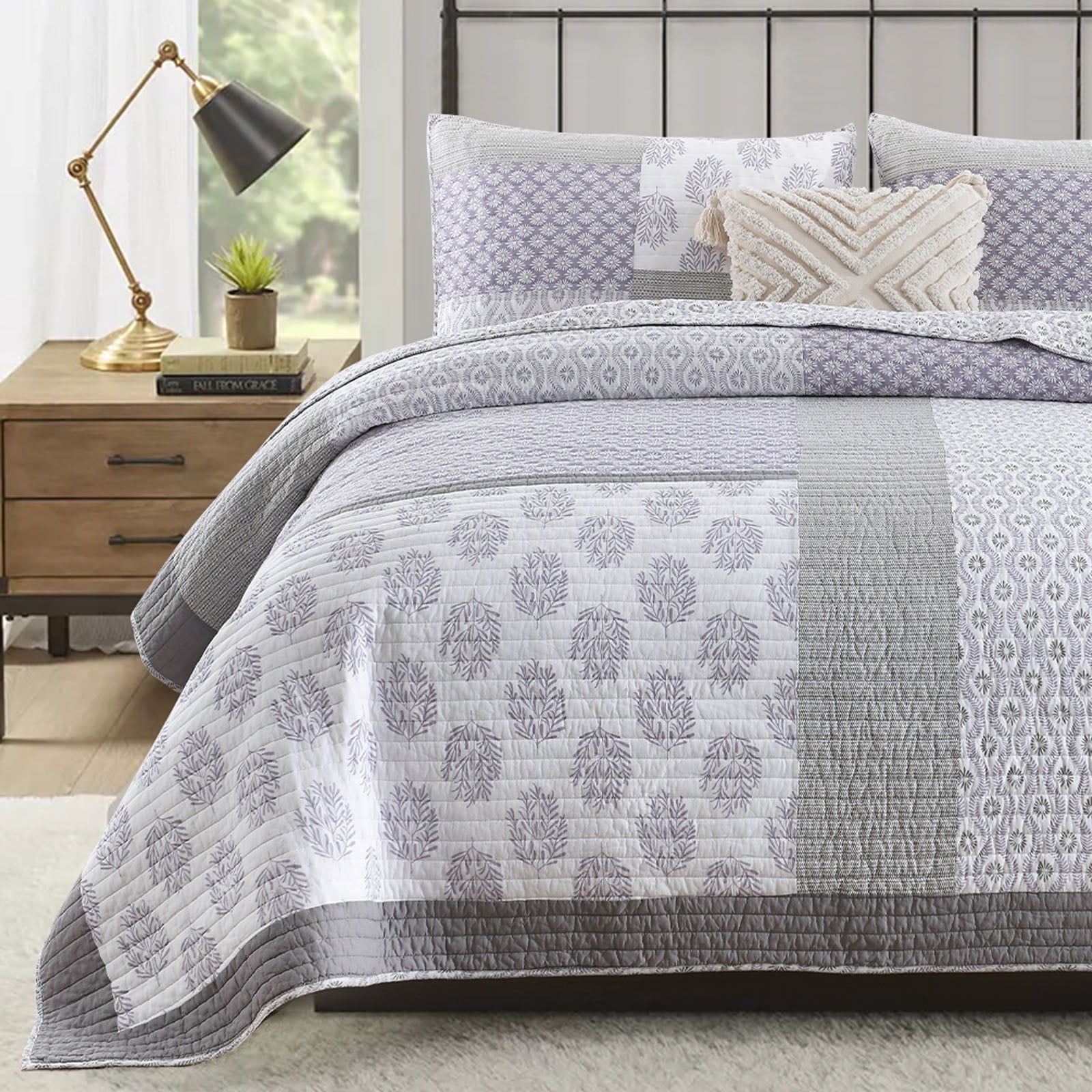 PANGUSHAN 100% Cotton Queen Quilt Set, 3pcs Patchwork Floral Bedspread ...