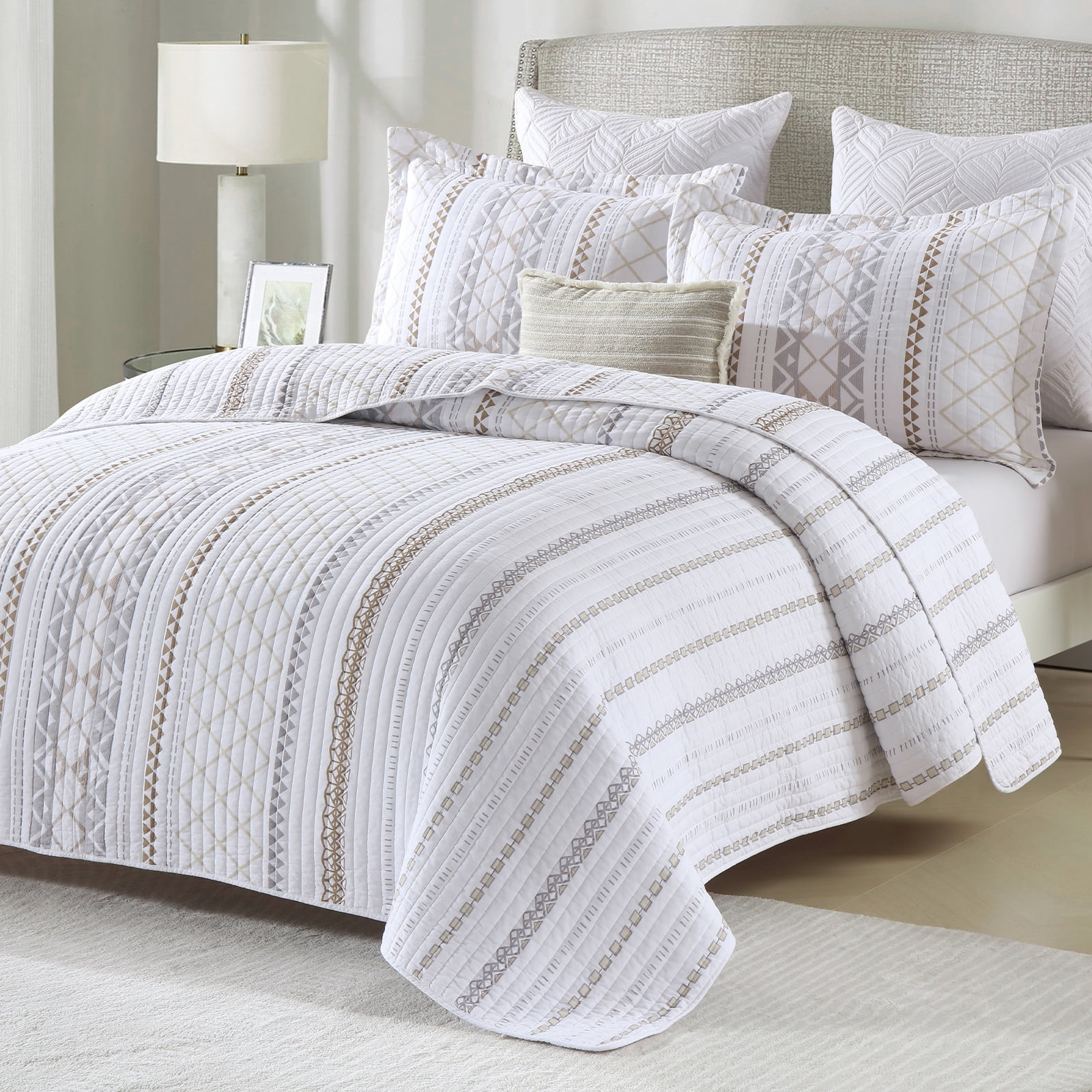 Pangushan 100 Cotton Quilt Set Queen Size 3pcs Striped Bedspread