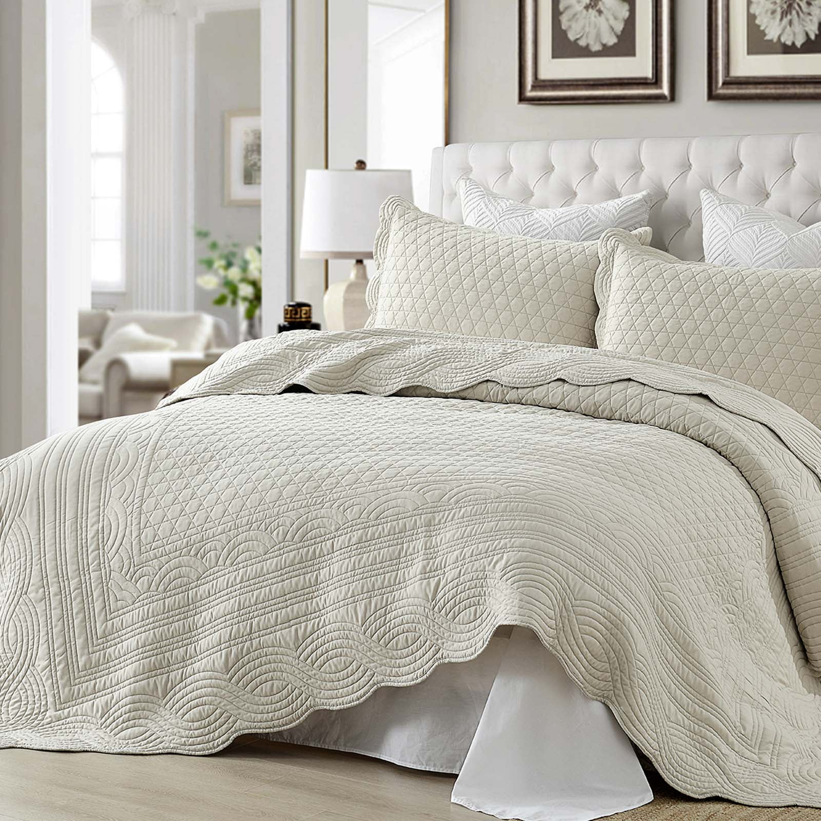 PANGUSHAN Beige Quilt Set Queen Size, Vintage Embossed Elegant Solid ...