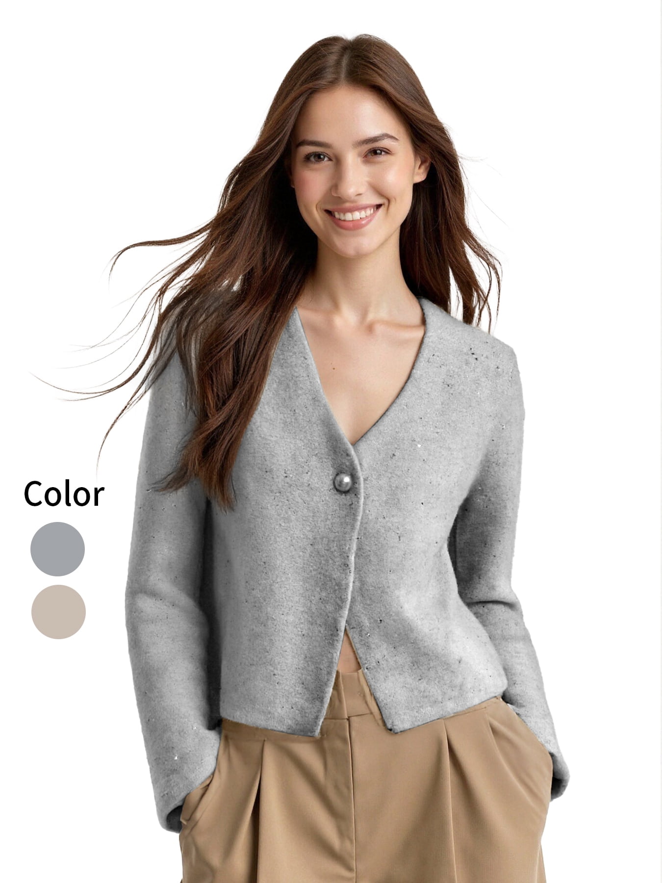 PAOLA RIBONI Chic Light Yellow V-Neck Cardigan with Elegant Pearl Buttons and Flared Sleeves ...