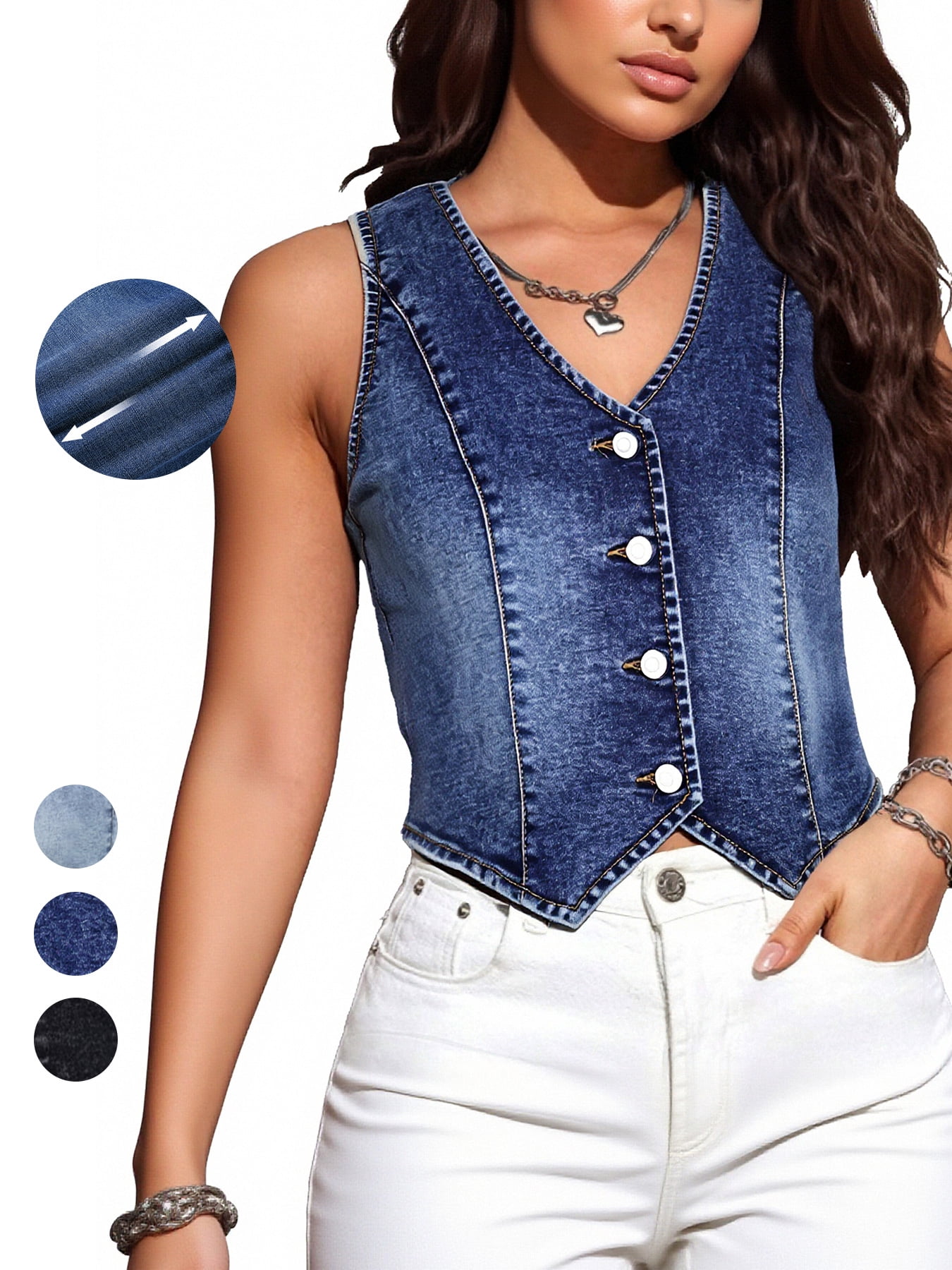 PAOLA RIBONI Denim Vest Sleeveless V neck, Western Jean Top for Women ...