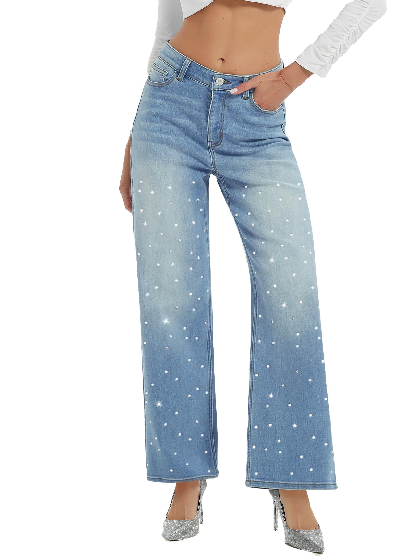 PAOLA RIBONI Womens Mid Waisted Rhinestone Jeans Straight Wide Leg ...