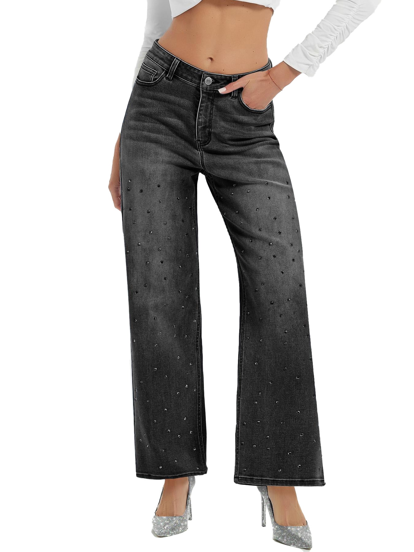 PAOLA RIBONI Womens Mid Waisted Rhinestone Jeans Straight Wide Leg ...
