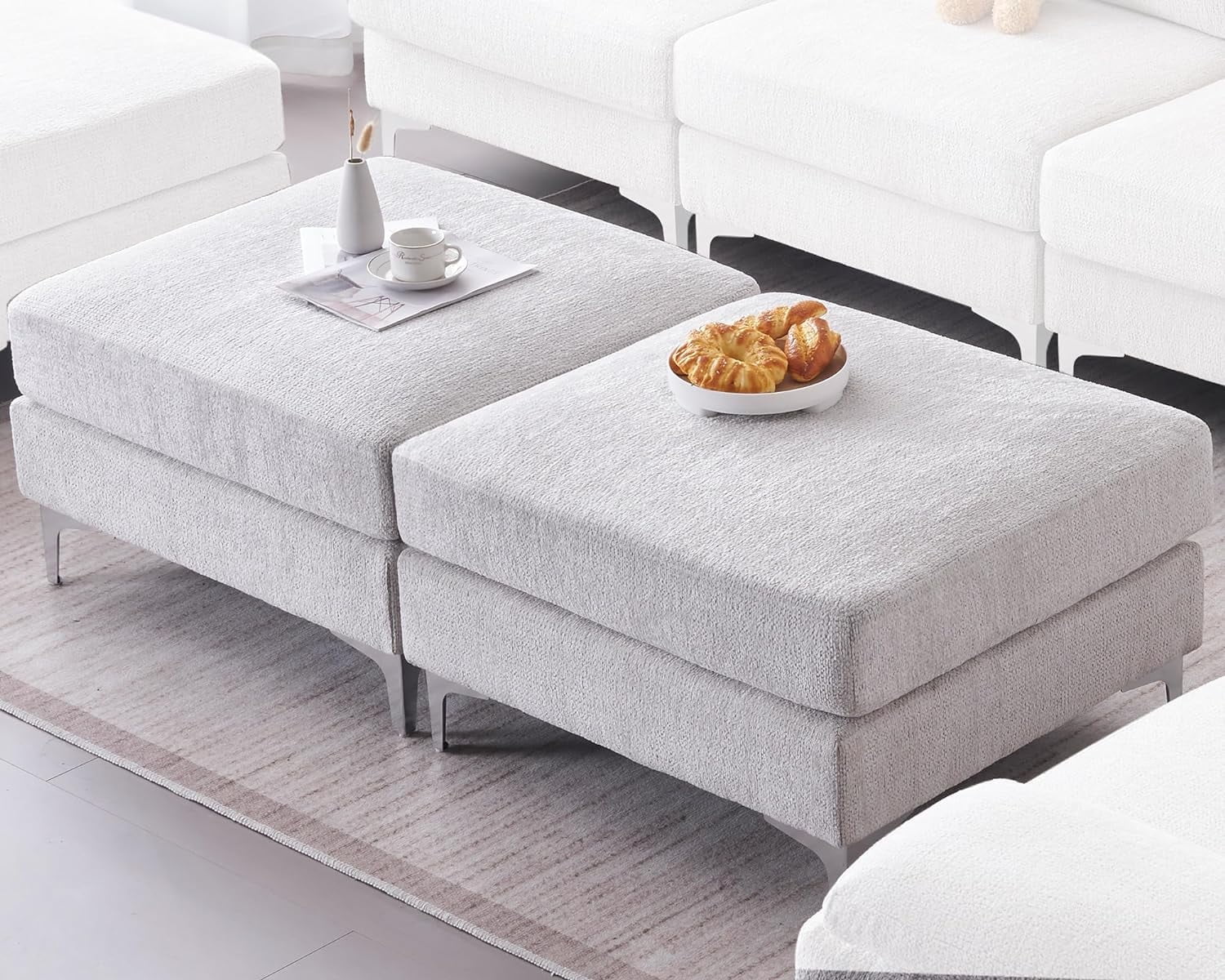 Merluxy Sofa, Double Ottomans, Sectional Sofa for Living Room, Cream Couch in Beige Chenille ...