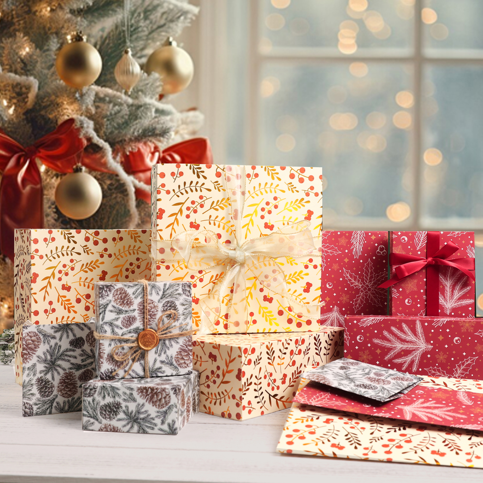 PAPER FAIR 12PCS Red Green Christmas Gift Boxes w/Stickers, Xmas Leaf ...