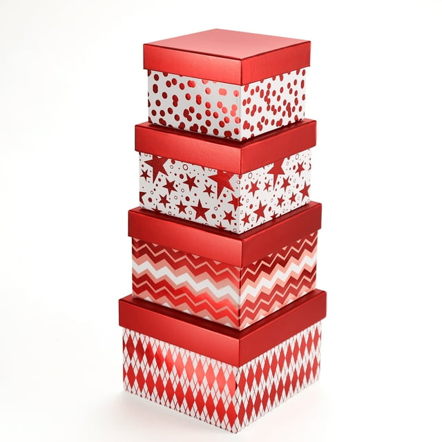 PAPER FAIR 4PCS Christmas Nesting Gift Boxes Set, Red Foil Geometry ...