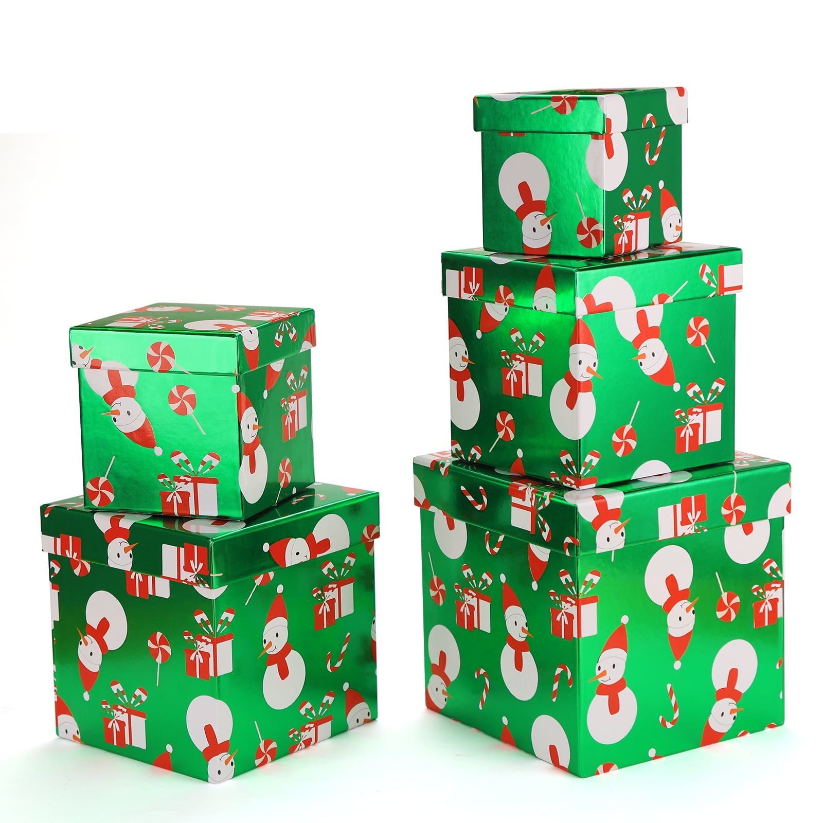 PAPER FAIR 5PCS Christmas Nesting Gift Boxes Set, Green Foil Snowman ...
