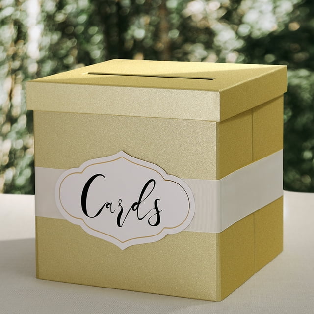 PAPER FAIR Gold Card Box - 10"x10" Large, White/Gold-Foil Satin Ribbon ...