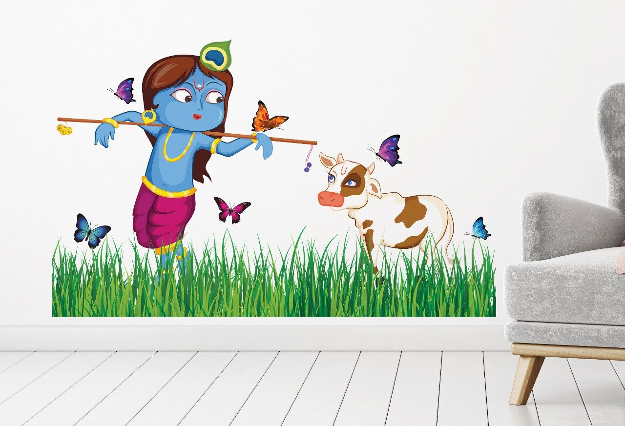 PAPER PLANE DESIGN Lord Krishna with Cow Grass Butterfly Wall Decals ...