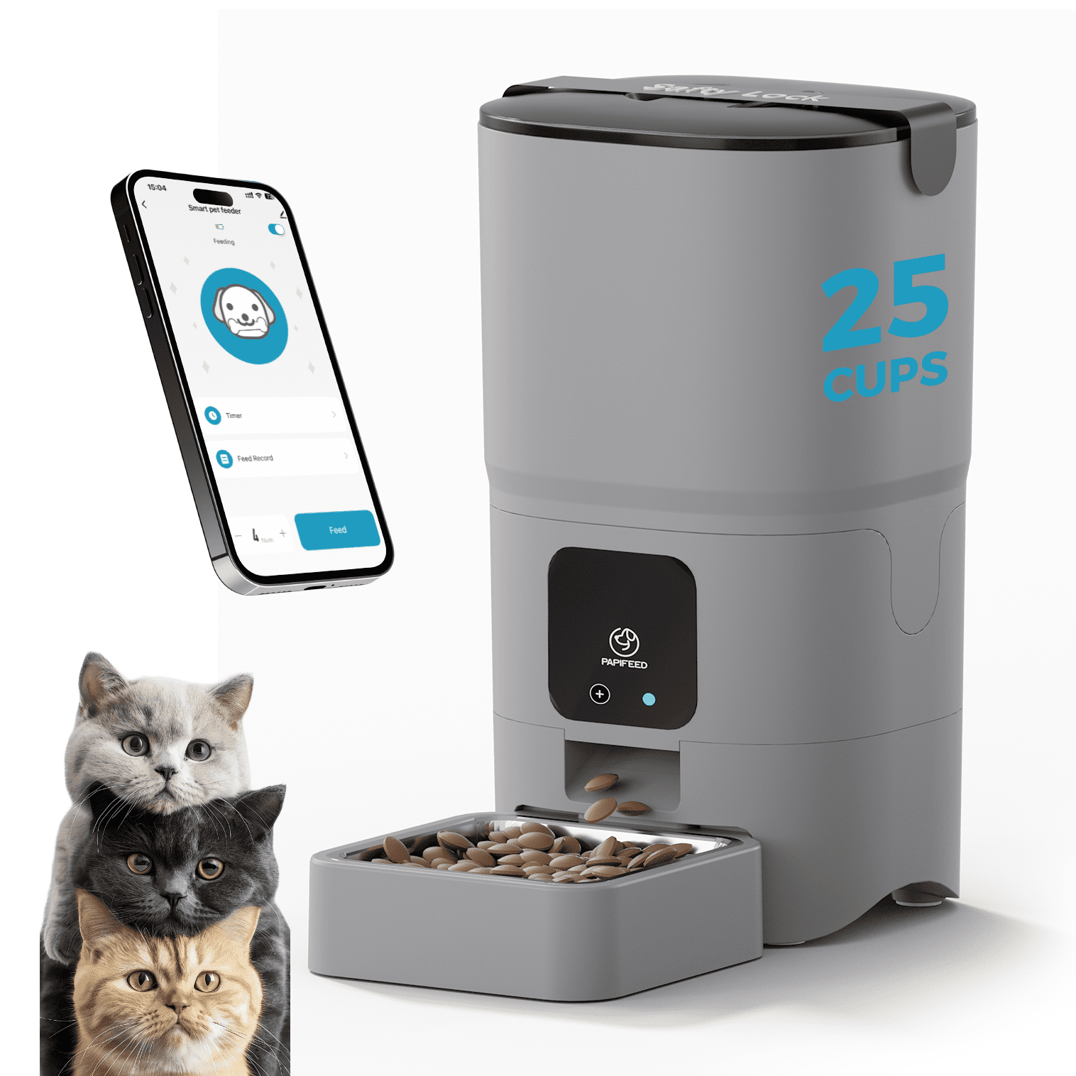PAPIFEED 2.4G WiFi Automatic Cat Feeder, 6L/25Cup Automatic Pet Feeder ...