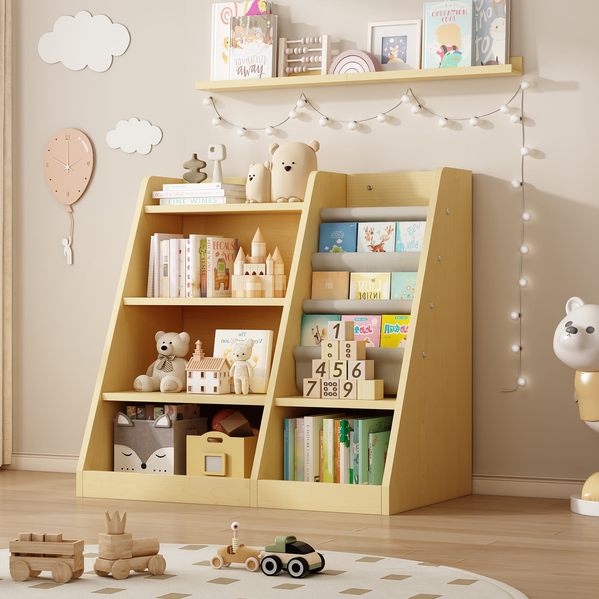 PAPROOS 4-Tier Kids Bookshelf with 4 Layer Sling Bookcases, Wooden Toy ...