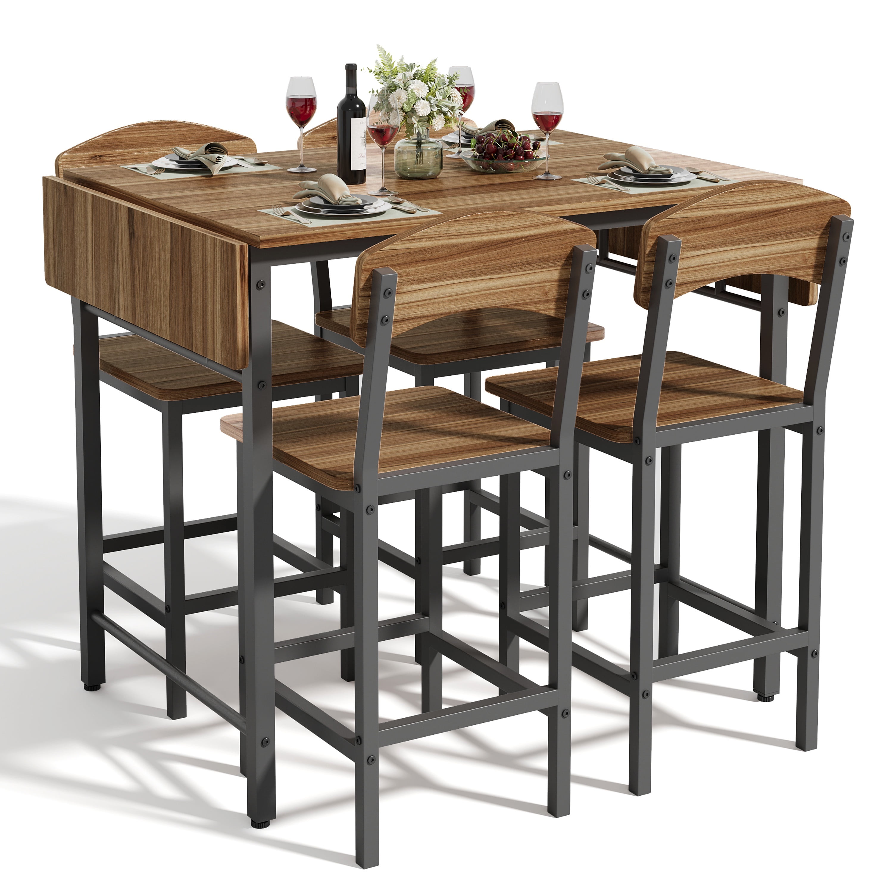 PAPROOS 5-Piece Counter Height Dining Set, Brown Finish Drop Leaf Table ...