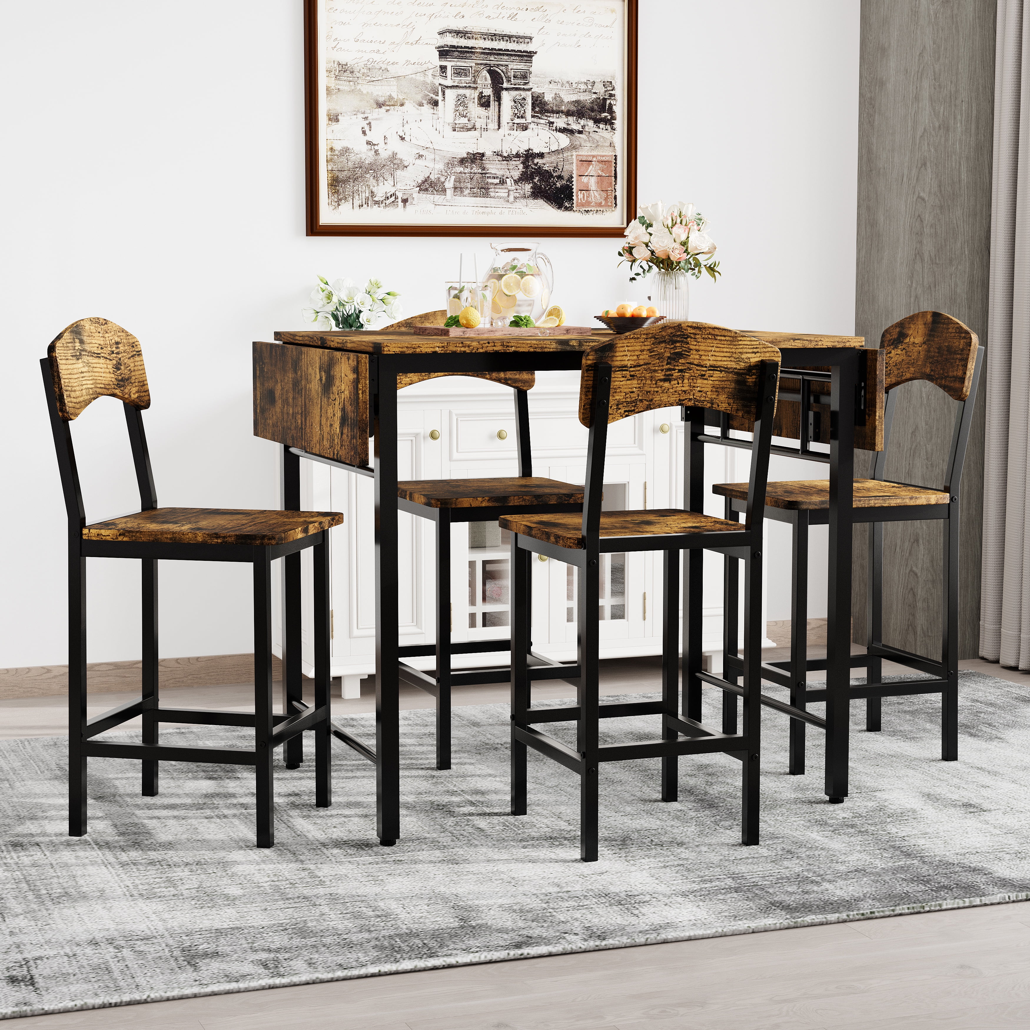 PAPROOS 5 Piece Wood Top Tall Dining Table Set, Counter Height, Space ...