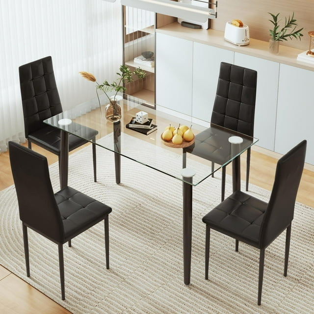 PAPROOS 5-Piece Modern Dining Table Set with Storage, Glass Table and ...