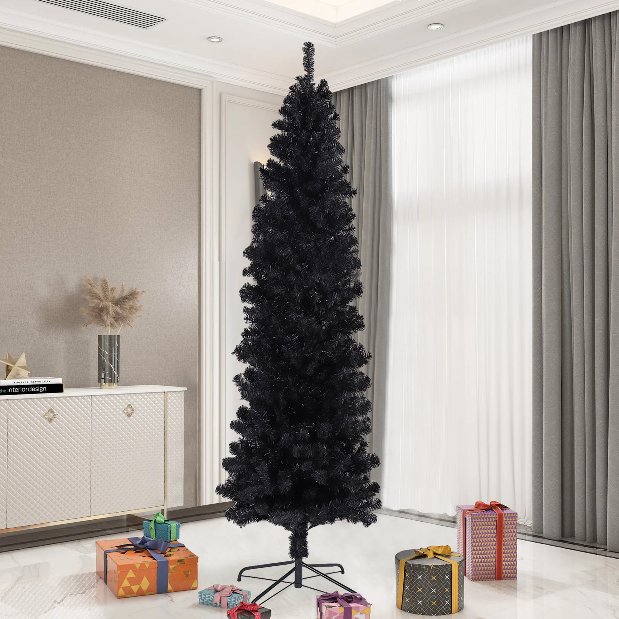 PAPROOS 7.5FT Slim Black Christmas Tree, Upgraded Artificial with 1000 ...