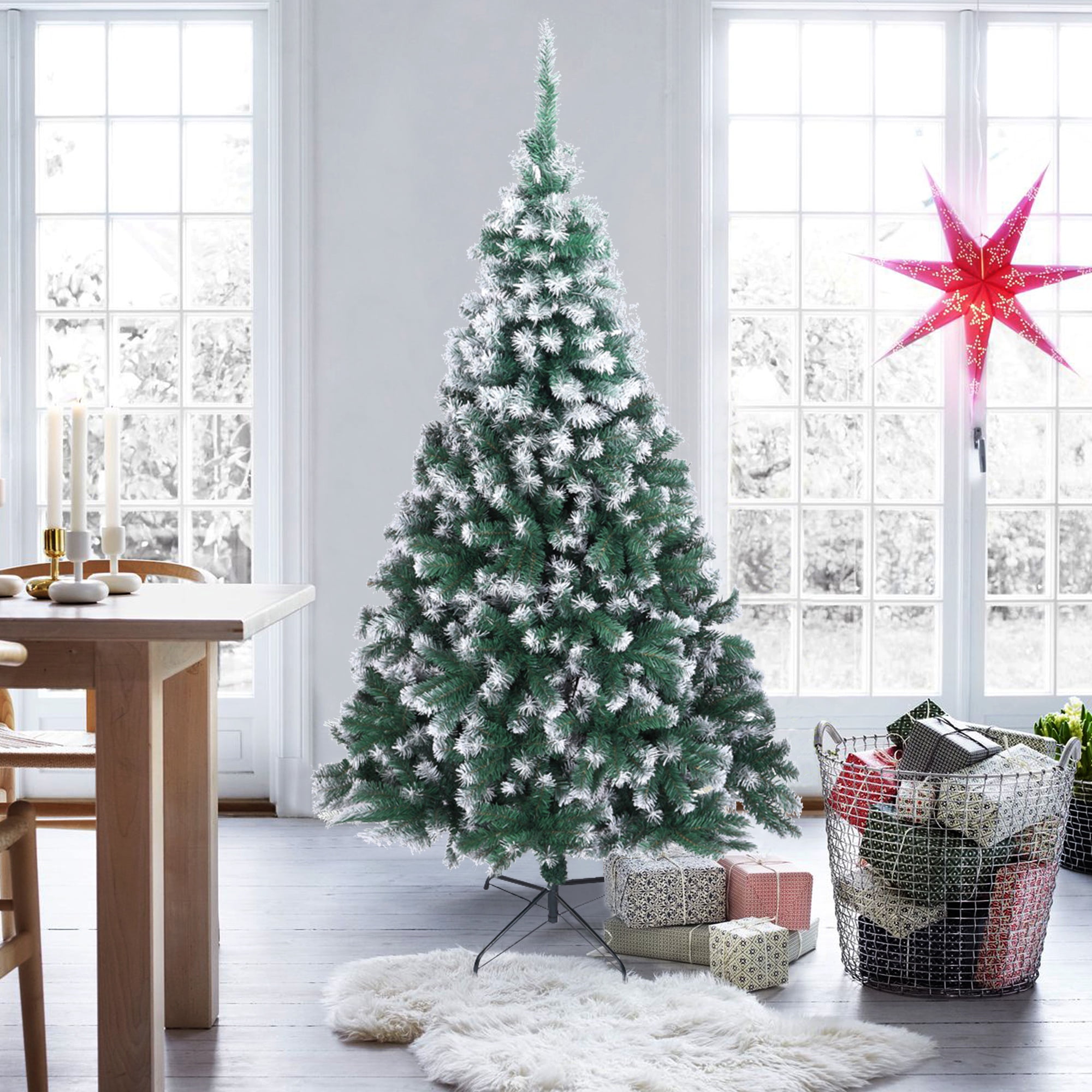 BTMWAY 6FT Tall Artificial Snow Flocked Christmas Tree, 1138 Branch ...