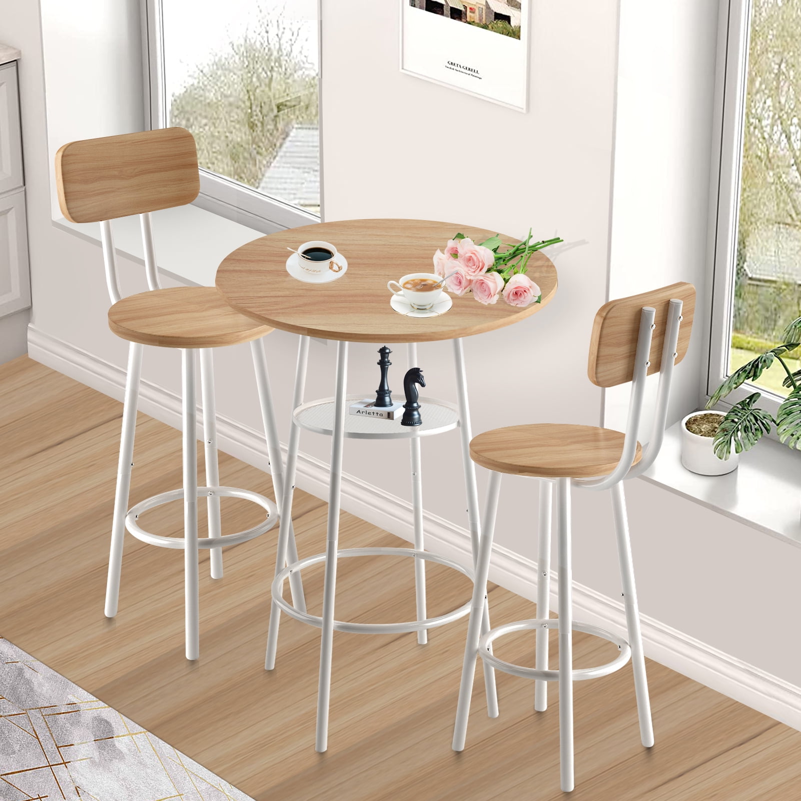 SESSLIFE Dining Kitchen Pub Room Furniture, 3-Piece Beige Square Bar Table and Stool Set ...