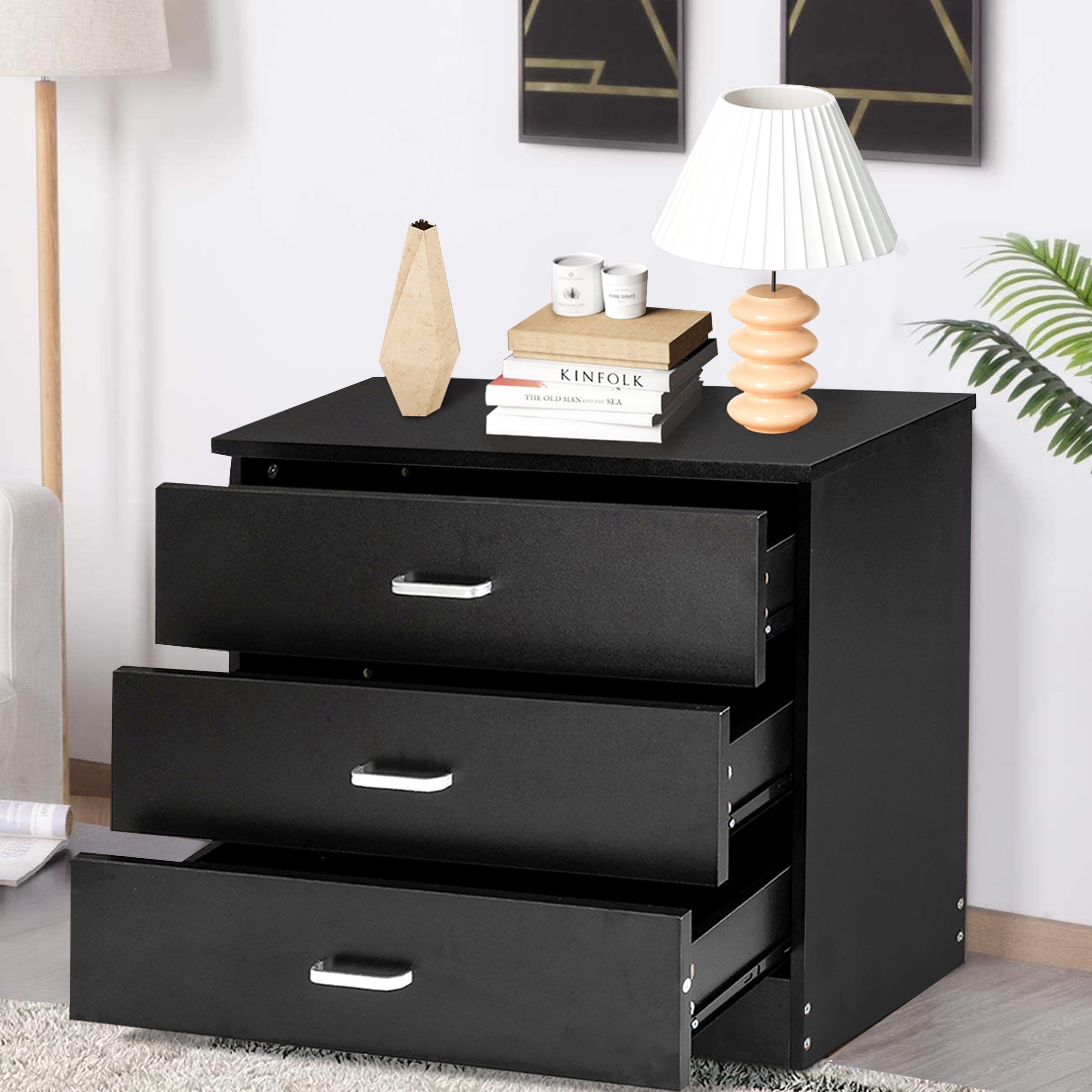 PAPROOS Black 3 Drawer Dresser, Chest of Drawers for Bedroom, Modern ...