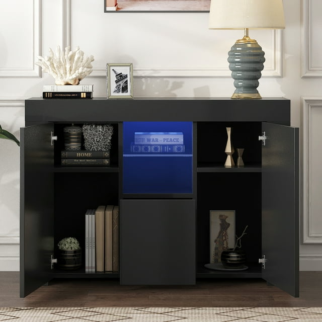 PAPROOS Black Buffet Cabinet, High Gloss Kitchen Sideboard Cupboard ...