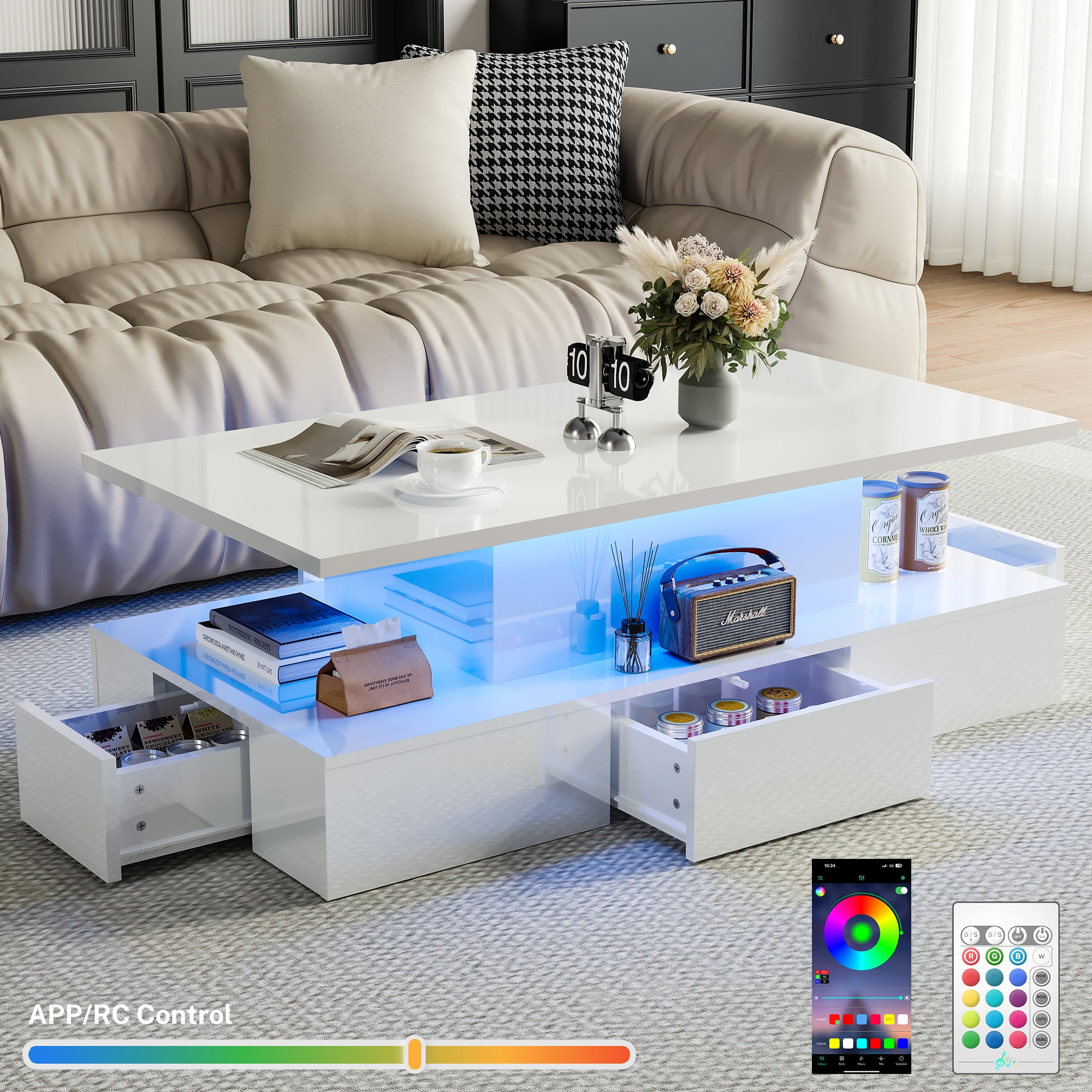 White LED Coffee Table for Living Room, PAPROOS Modern High Glossy ...