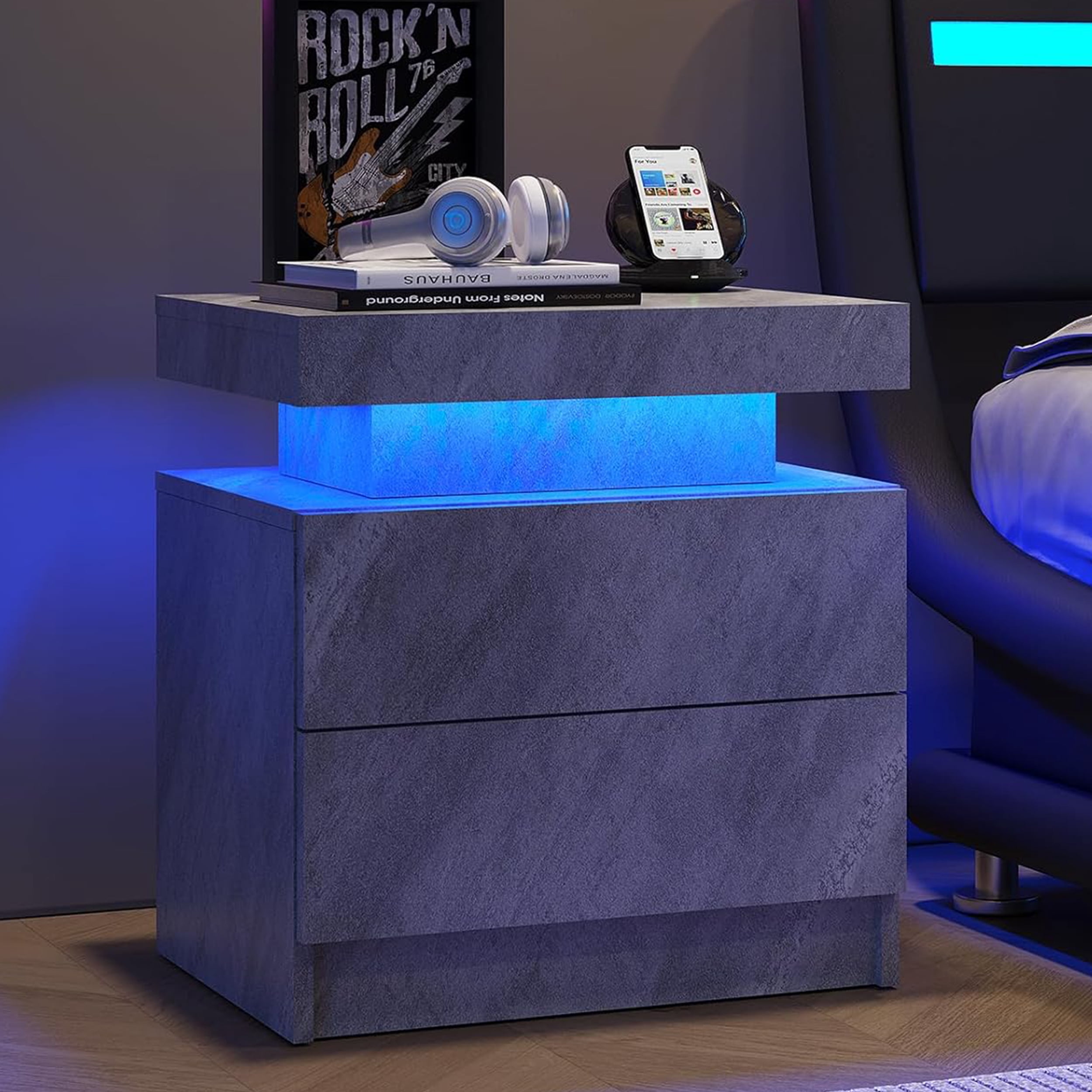 Nightstand with LED Light, Paproos Modern Nightstand with 2 Drawers, 19 ...