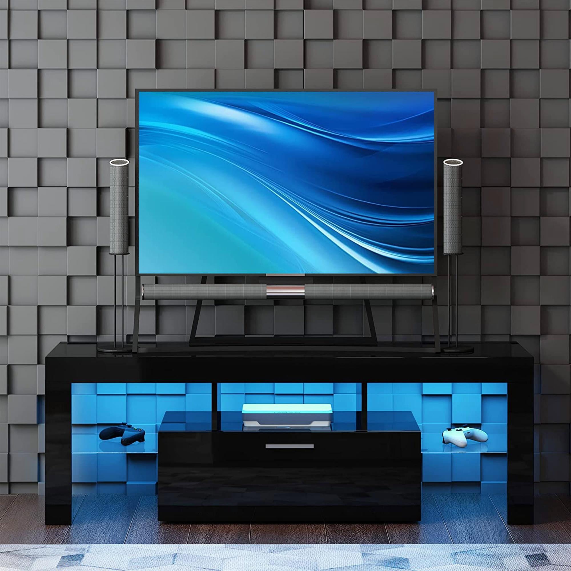 PAPROOS High Gloss Black TV Stand for 55' TV with LED Lights, Drawers ...