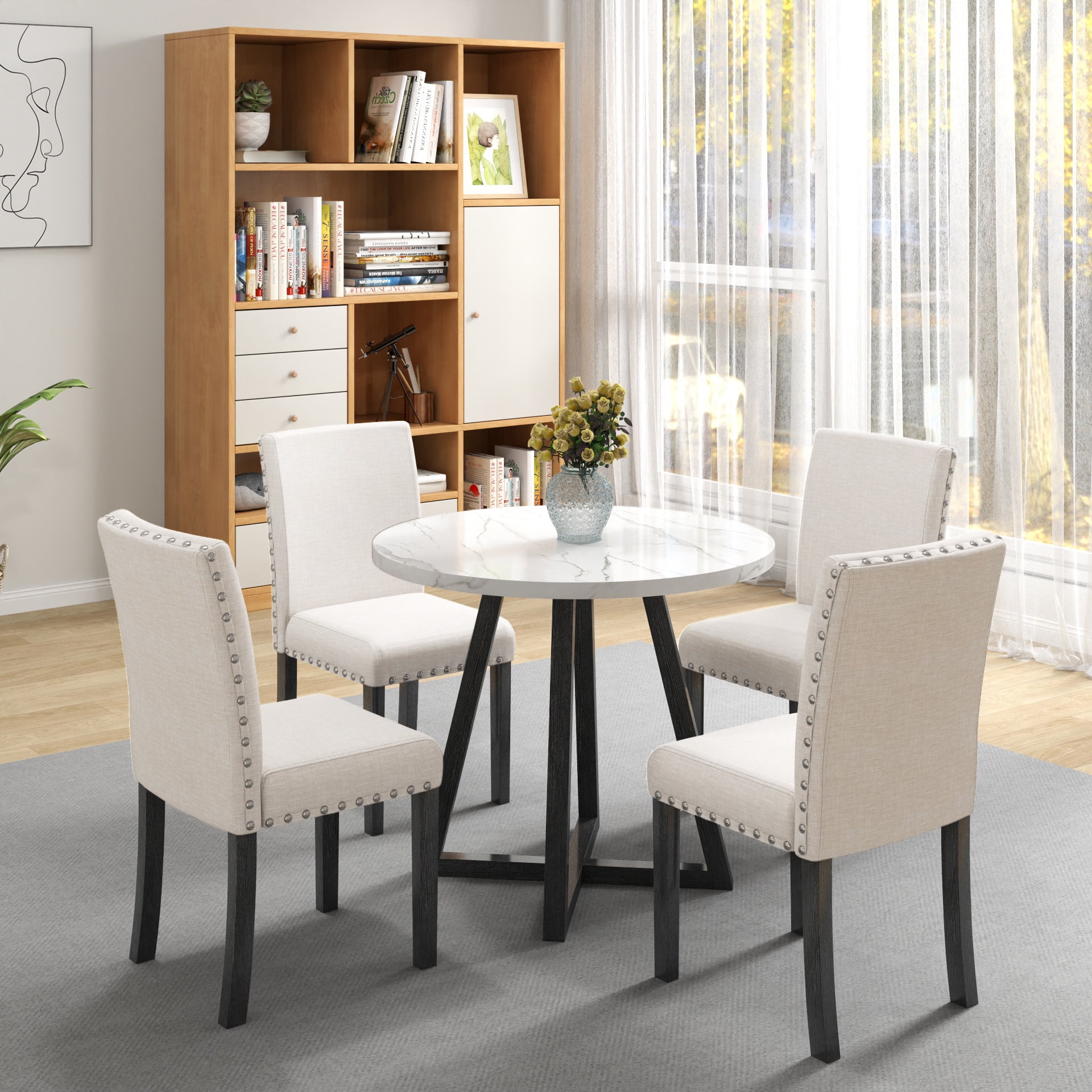 PAPROOS 5-Piece Dining Table Set for 4, Tempered Glass Top, Faux ...