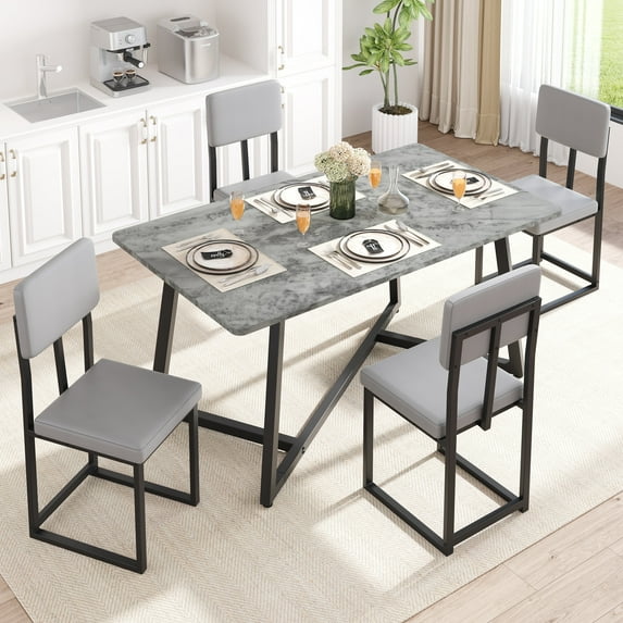 PAPROOS 5 Piece Modern Dining Set, Glass Table & Leather Chairs ...