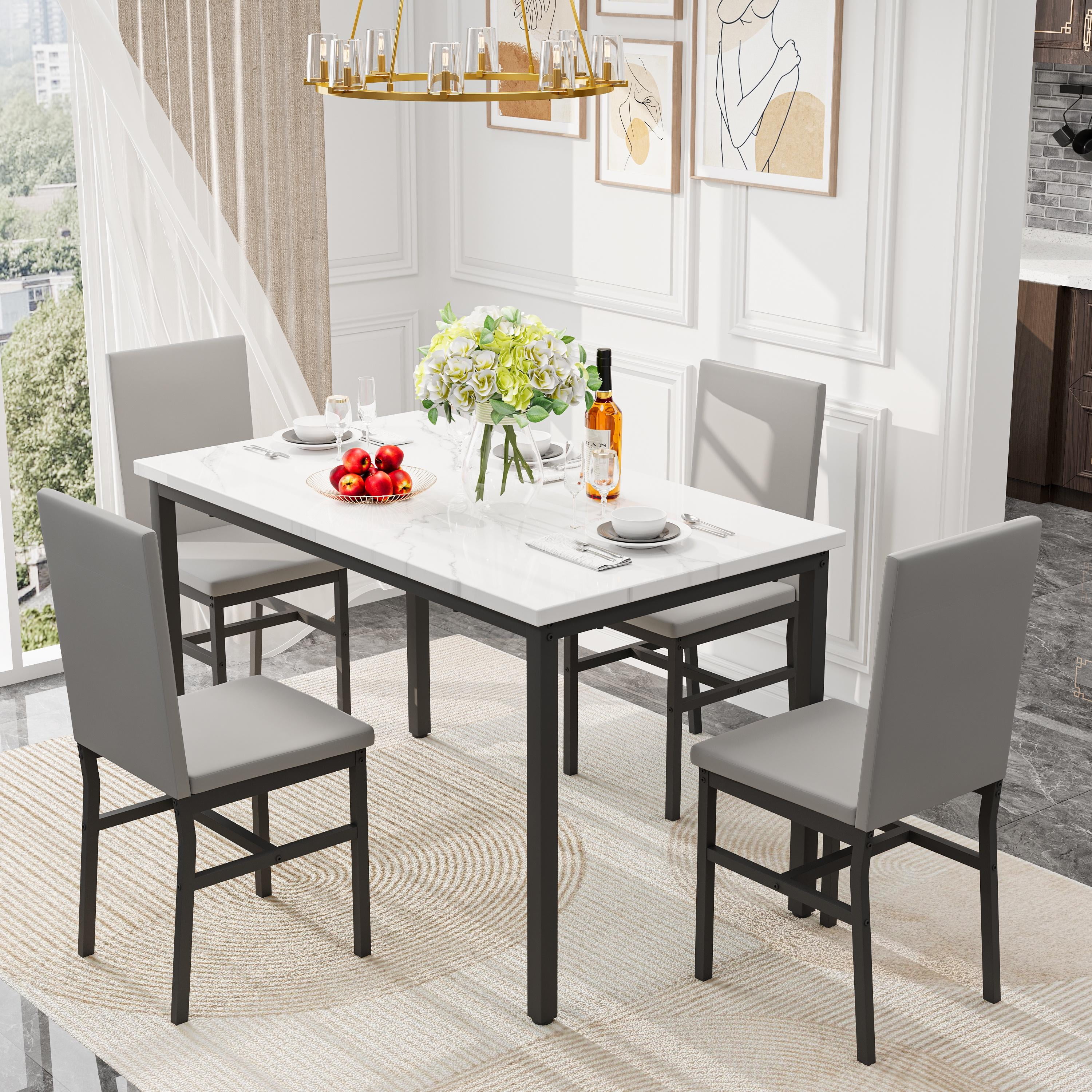 PAPROOS Dining Table Set for 4, Modern 5-Piece Kitchen Table Set with ...