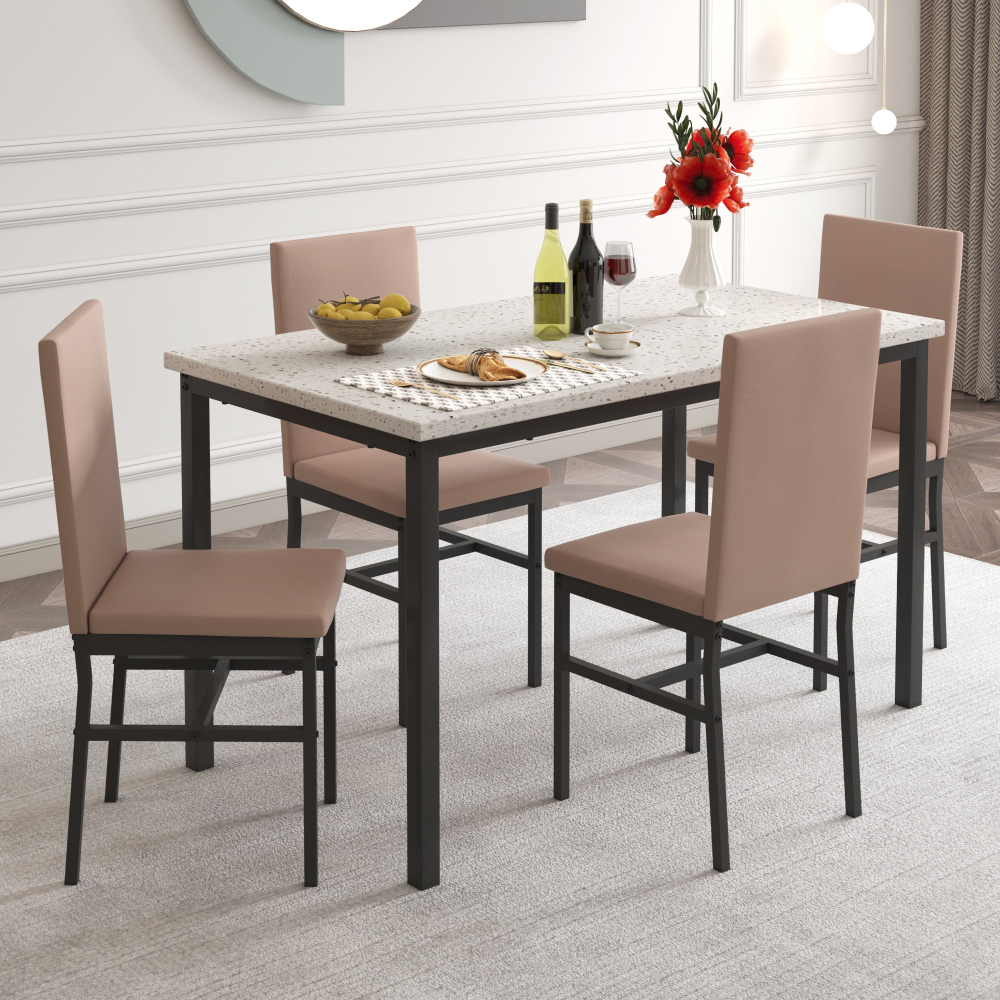 PAPROOS 5-Piece Modern Dining Table Set for 4, Faux Marble Top, Leather ...