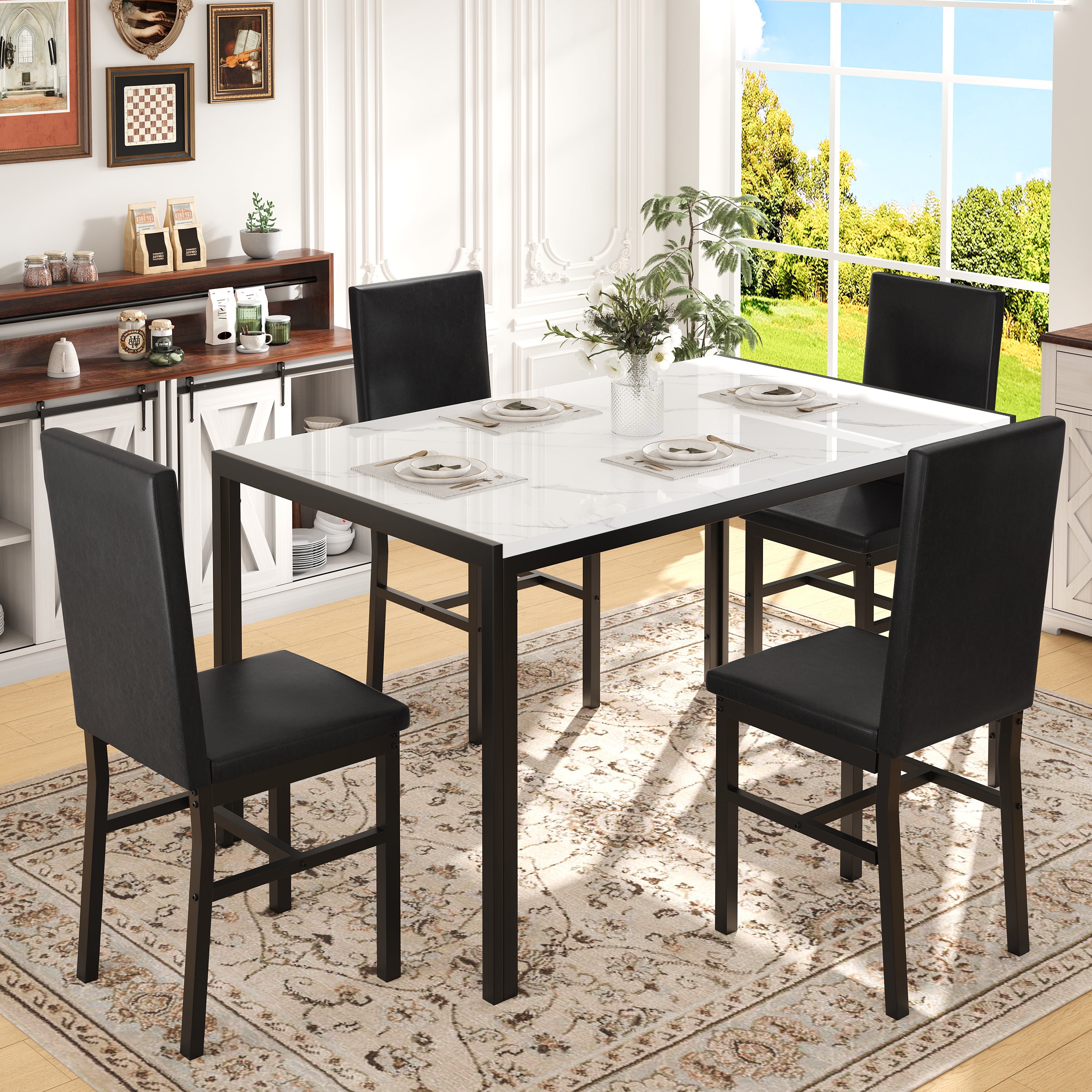 "Paproos 5-Piece Dining Table Set, Faux Marble Top, Leather Chairs ...