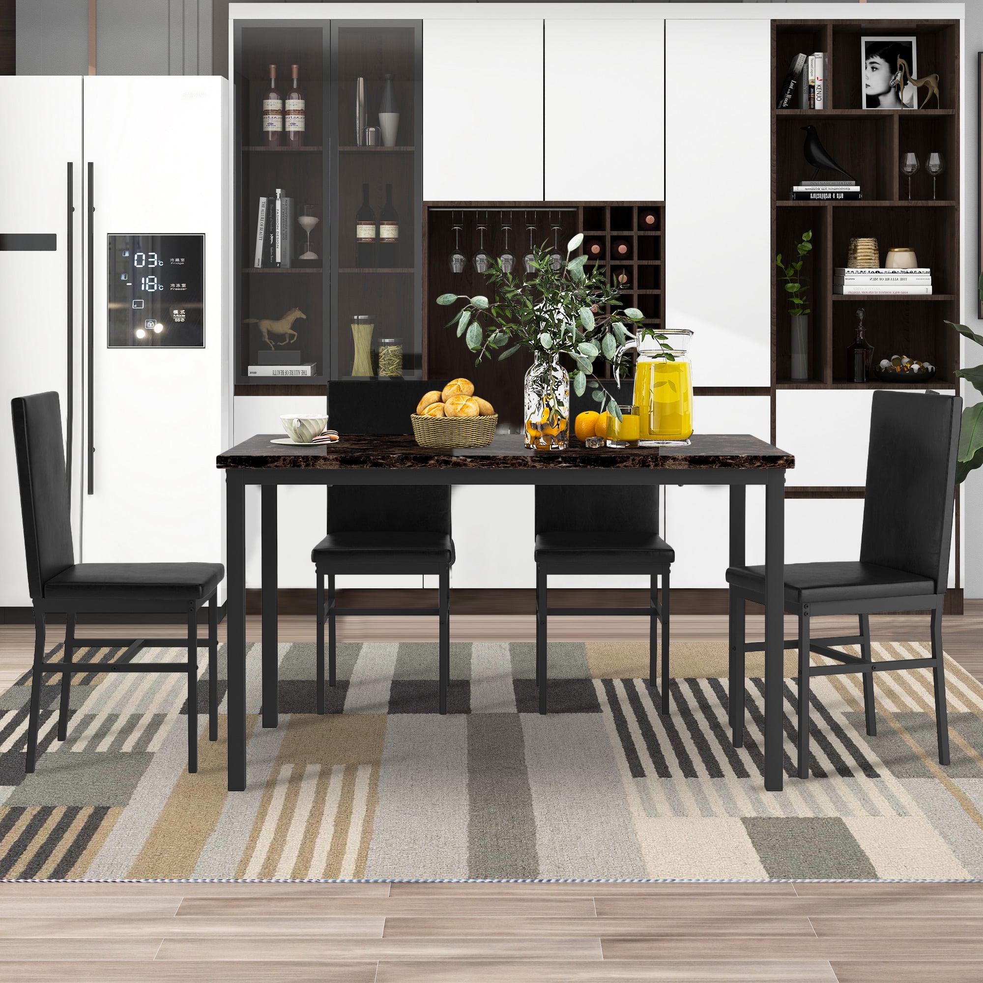 PAPROOS 5-Piece Dining Table Set for 4, Faux Marble Top, Leather Chairs ...
